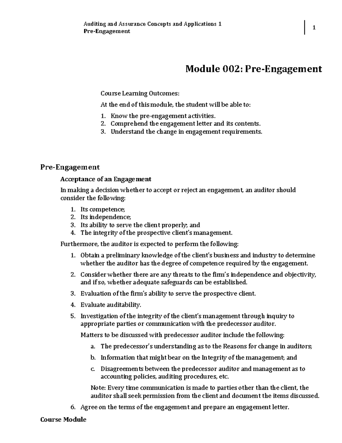 W2 Lesson 2 Pre Engagement - Auditing and Assurance Concepts and ...