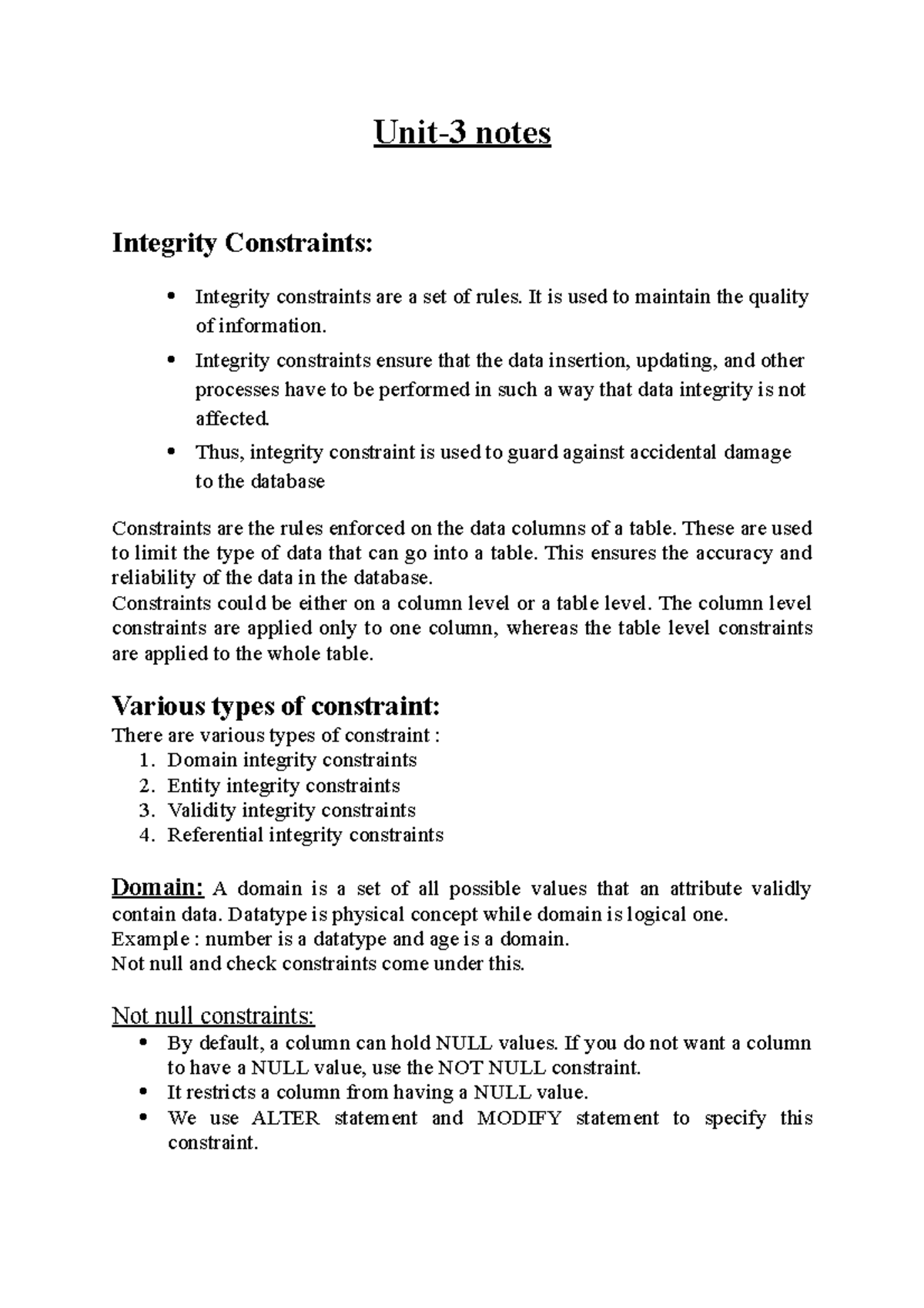 Unit3 notes - Unit-3 notes Integrity Constraints: Integrity constraints ...