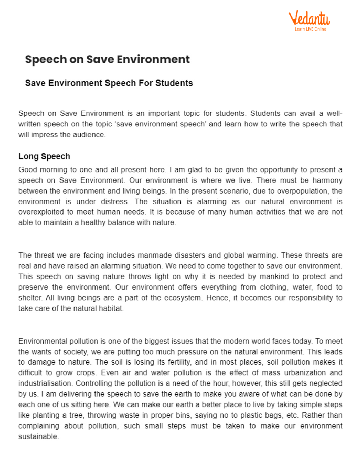 Speech on Save Environment - Students can avail a written speech on the ...