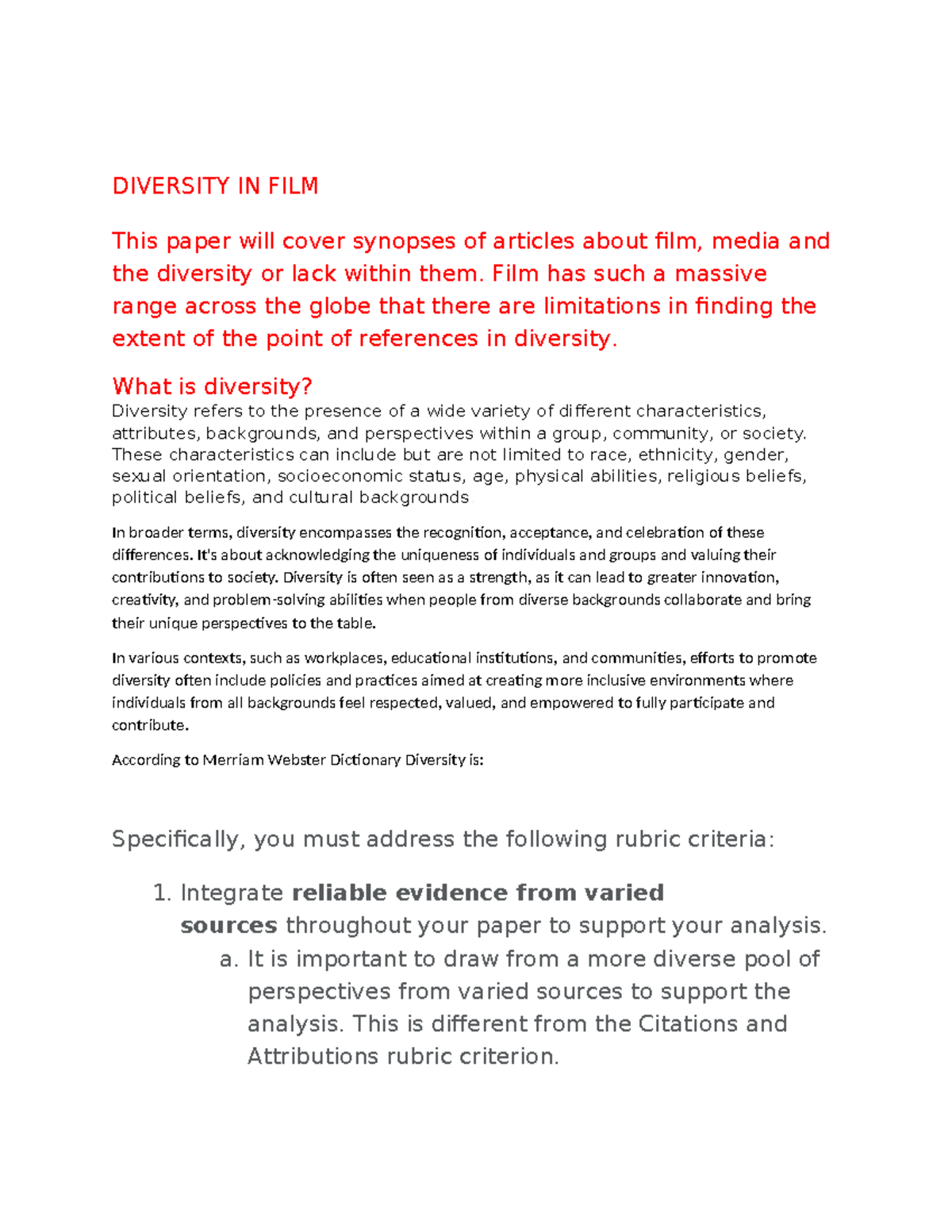 Diversity IN FILM - This is working out a topic for the final project ...