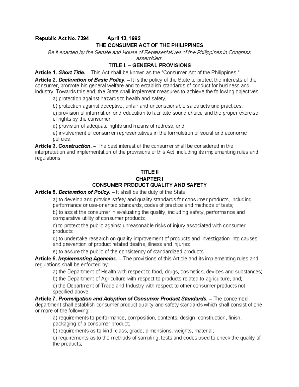 RFBT NOTES SUMMARY - Republic Act No. 7394 April 13, 1992 THE CONSUMER ...