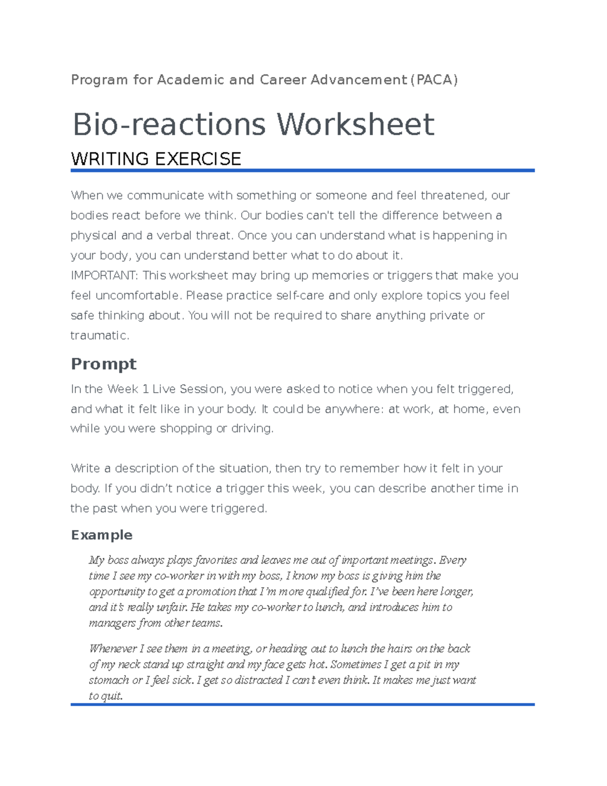 Bio Reaction Worksheet (PACA) - Program for Academic and Career ...