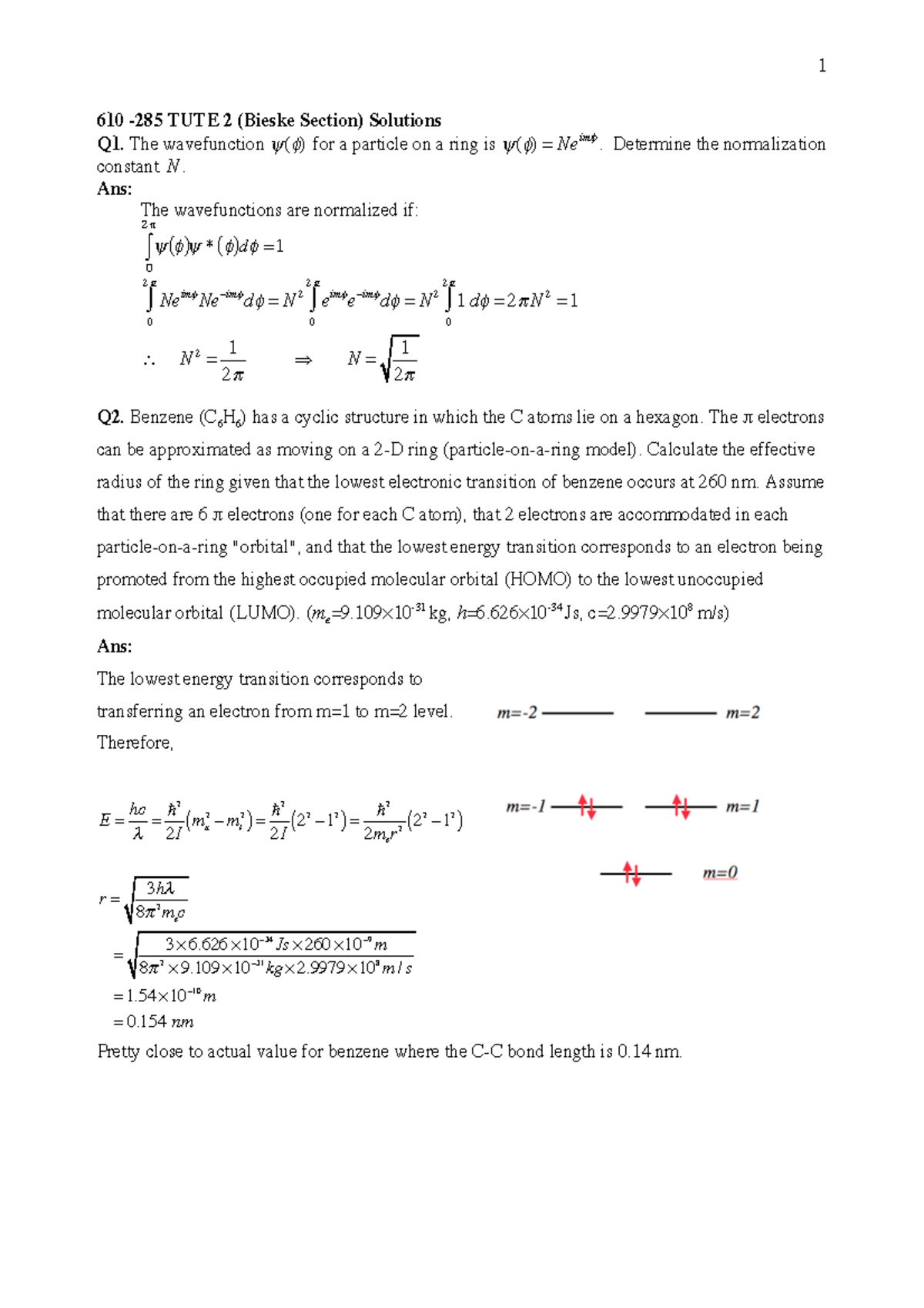 Tute2 Sol - Prac - 610 - 285 TUTE 2 (Bieske Section) Solutions Q1. The wavefunction ψ( φ) for a ...