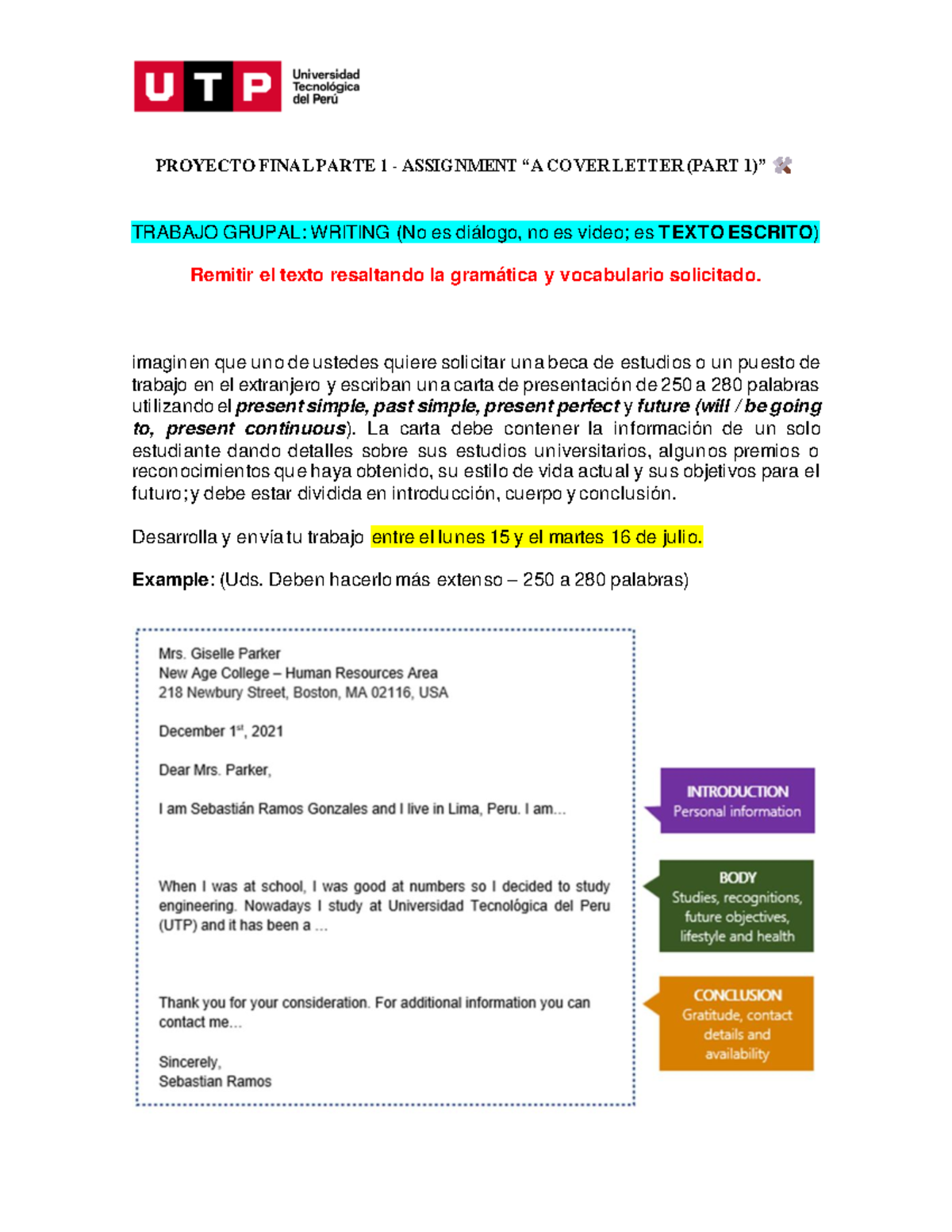 Proyecto Final PART 1-2 - PROYECTO FINAL PARTE 1 - ASSIGNMENT “A COVER LETTER (PART 1)” TRABAJO ...