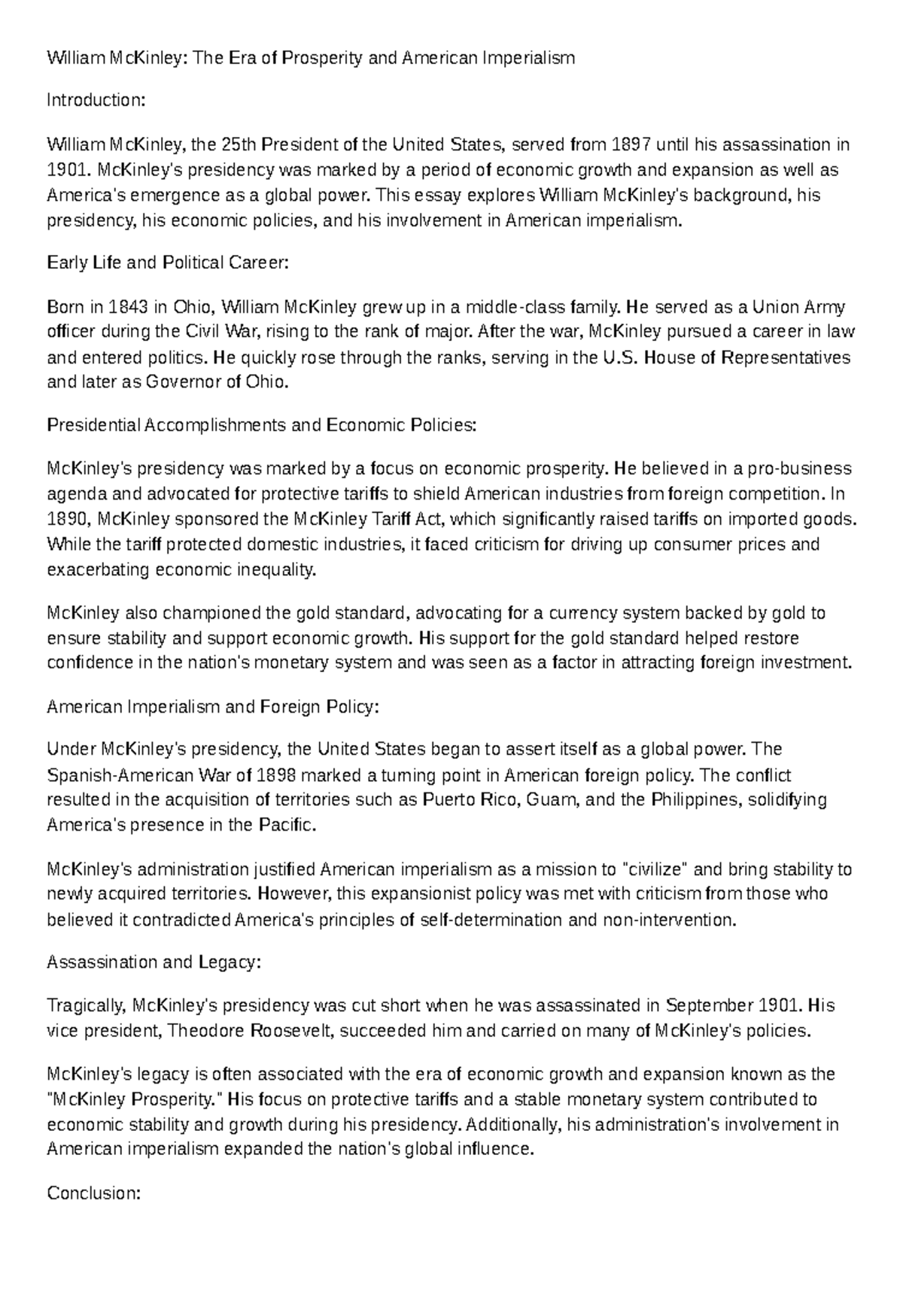 William Mc Kinley The Era of Prosperity and American Imperialism ...