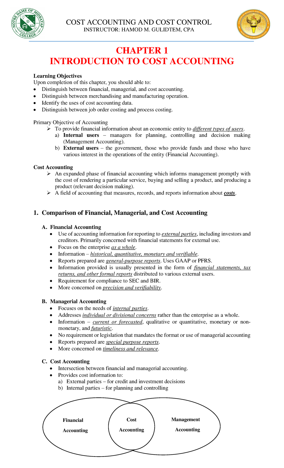 Chapter 1 Introduction to Cost Accounting - Business Ethics - ANTEO ...