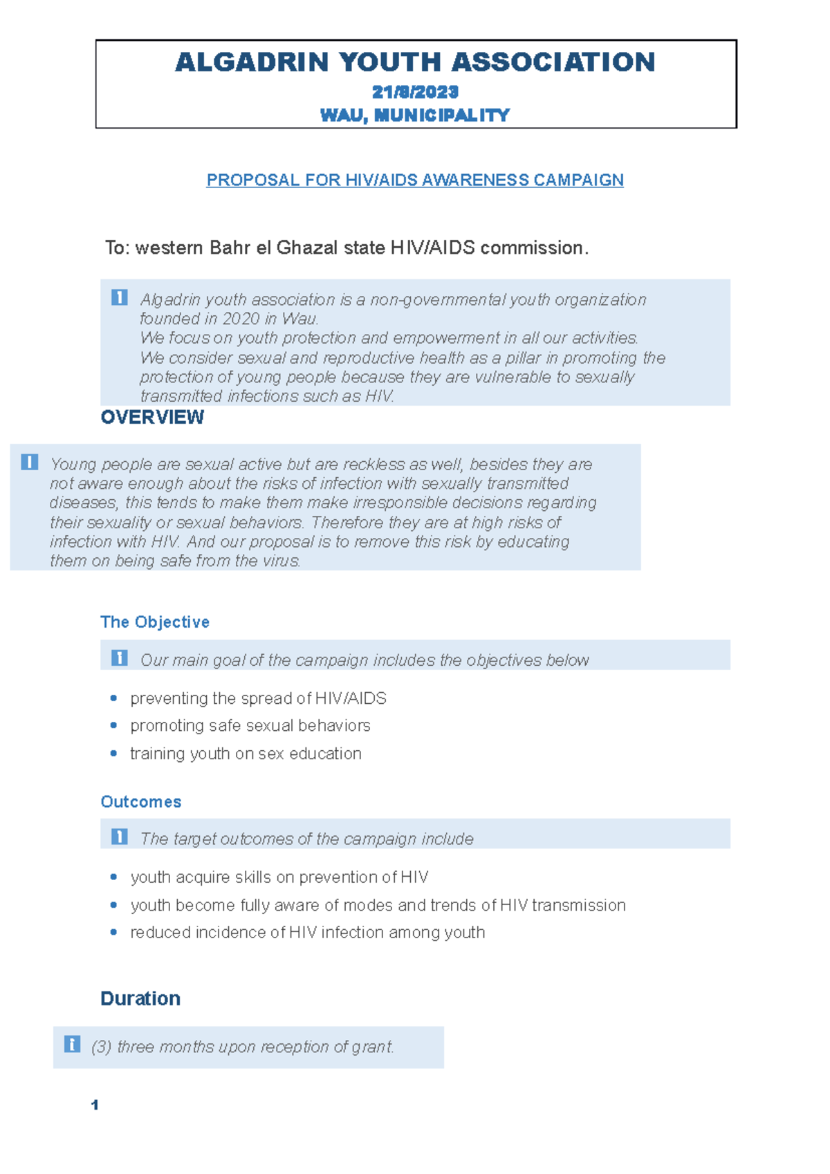 HIV campaign proposal - ALGADRIN YOUTH ASSOCIATION 21/8/ 2023 WAU ...