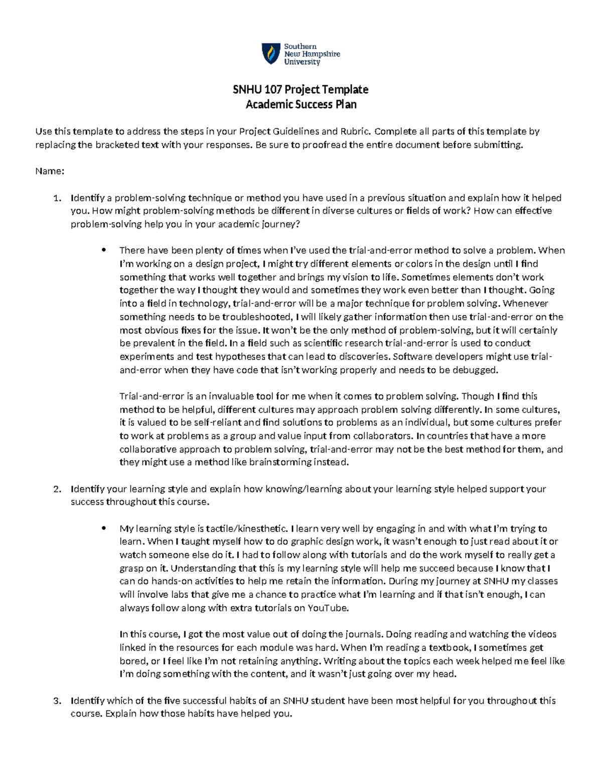 SNHU 107 Project - SNHU 107 Project Template Academic Success Plan Use ...