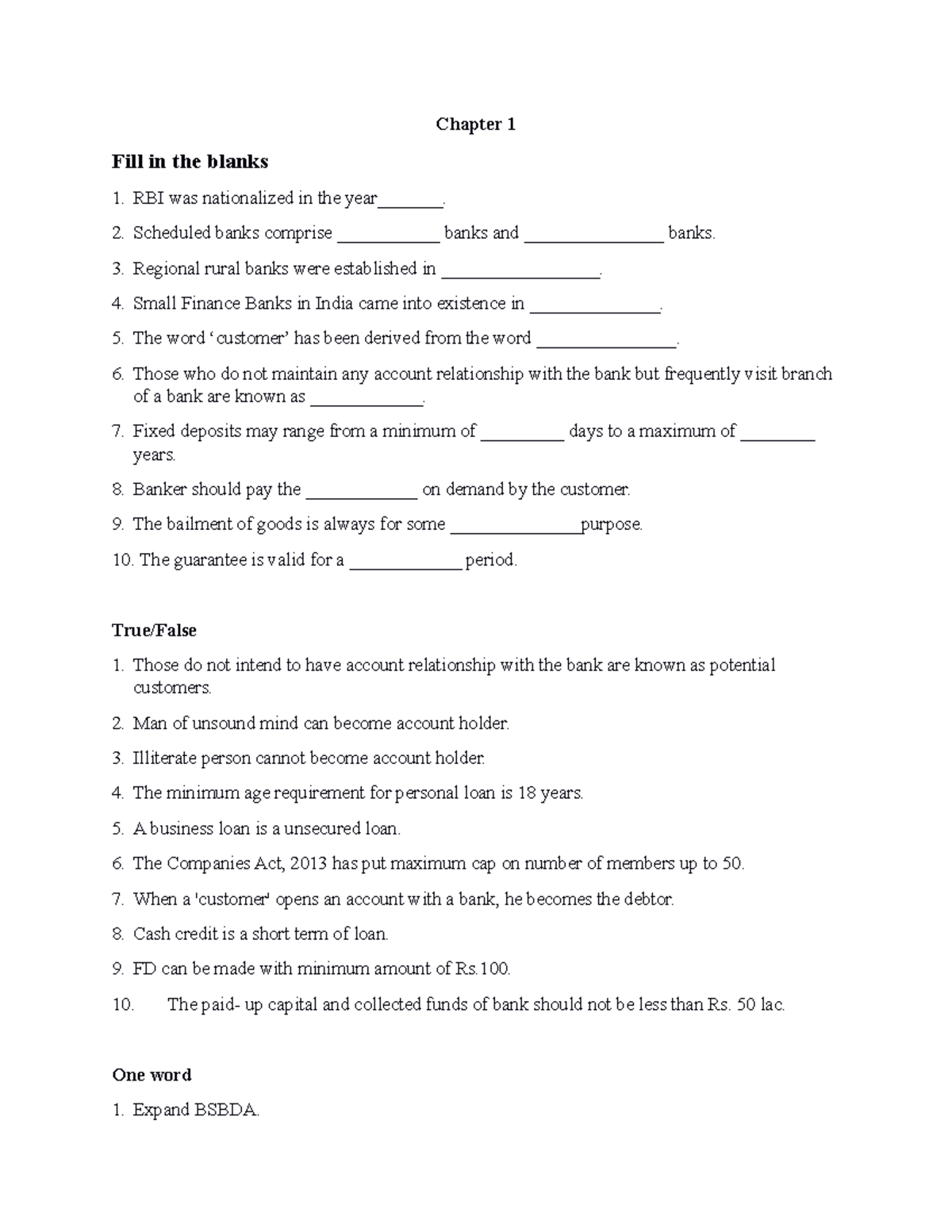 Chapter 1 - course work - Chapter 1 Fill in the blanks RBI was ...