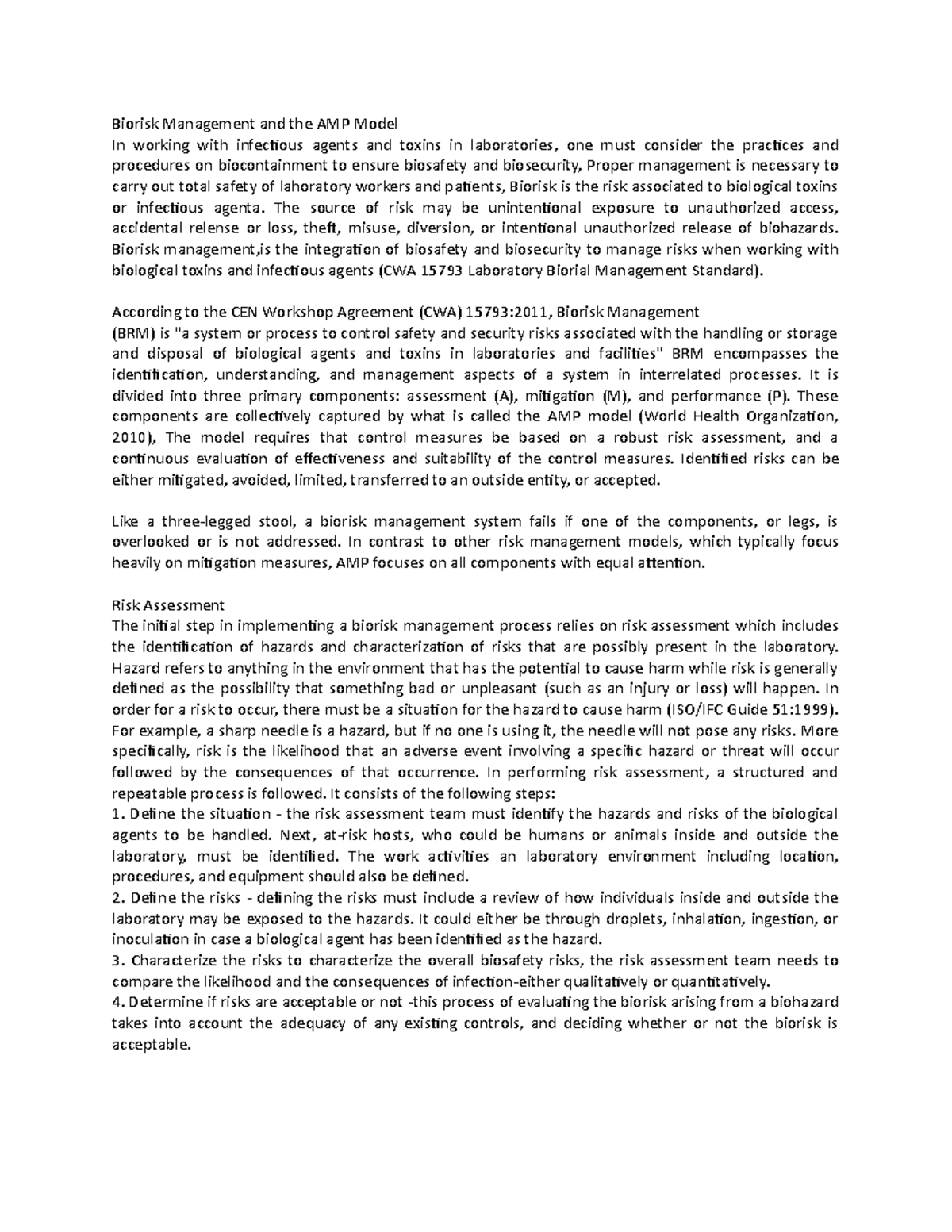 PMLS WEEK 7 (Biorisk) - Biorisk Management and the AMP Model In working ...