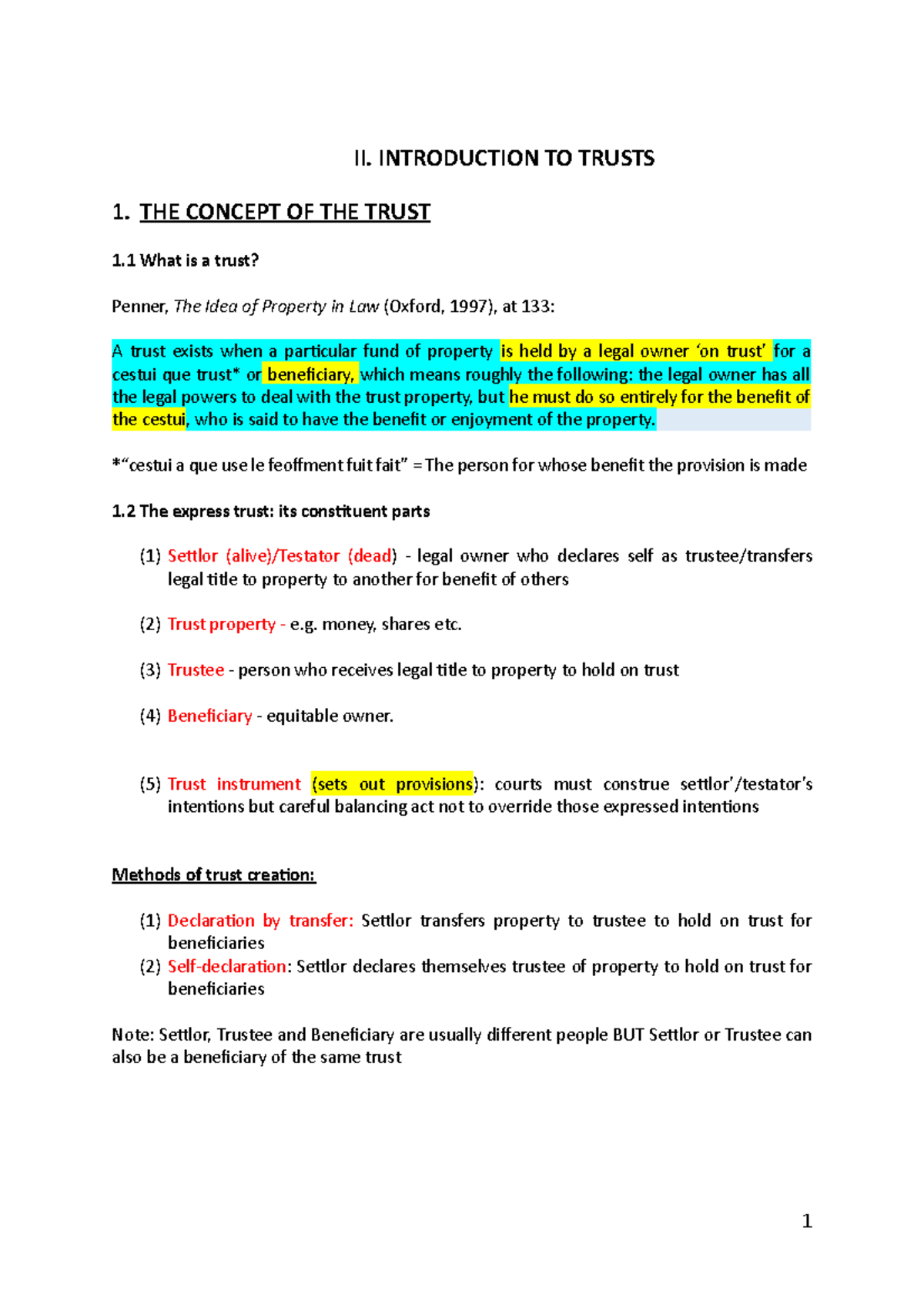 (2) Introduction TO Trusts Handout - II. INTRODUCTION TO TRUSTS 1. THE ...