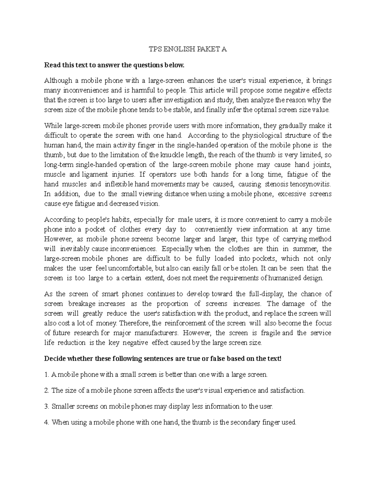 Literasi 2 - English literation - TPS ENGLISH PAKET A Read this text to ...