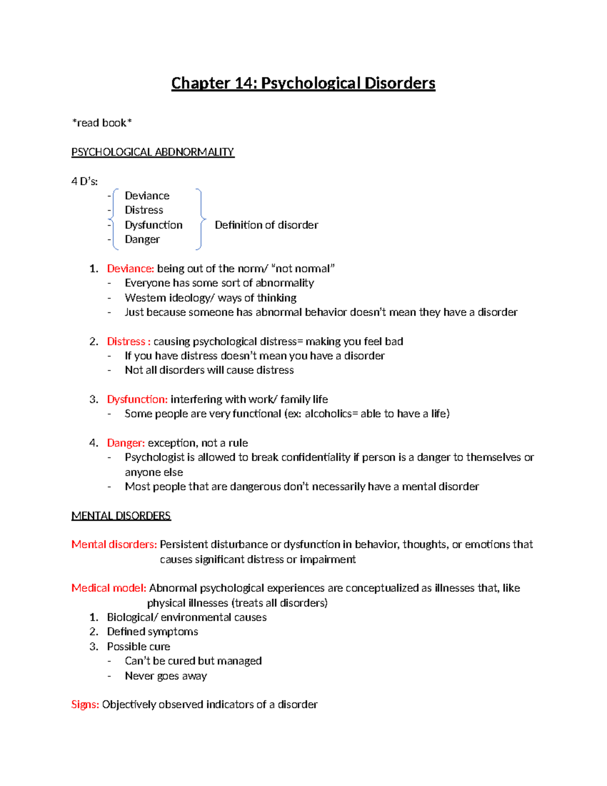 Chapter 14 - Chapter 14: Psychological Disorders read book PSYCHOLOGICAL ABDNORMALITY 4 D’s ...