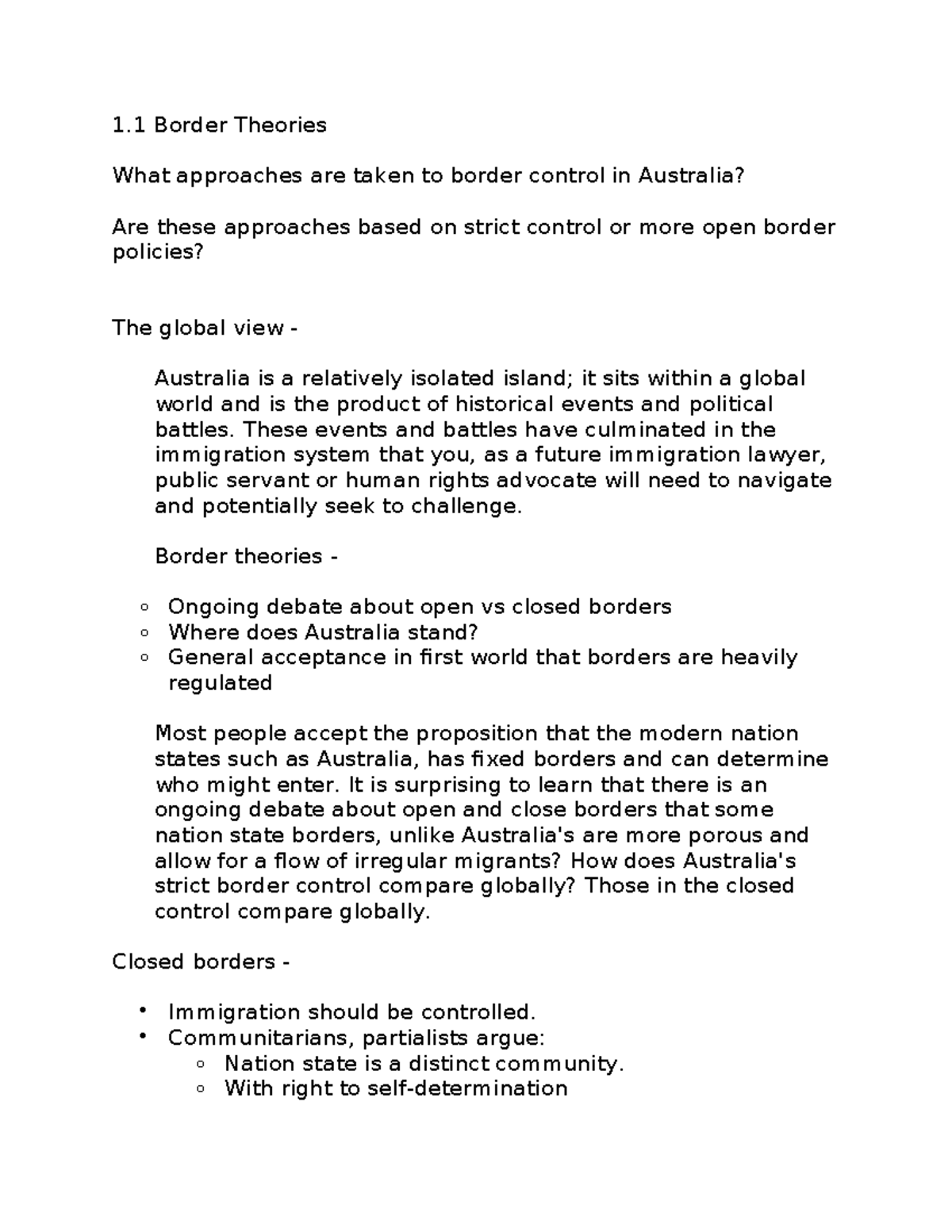 Immigration and refugee law notes - 1 Border Theories What approaches ...