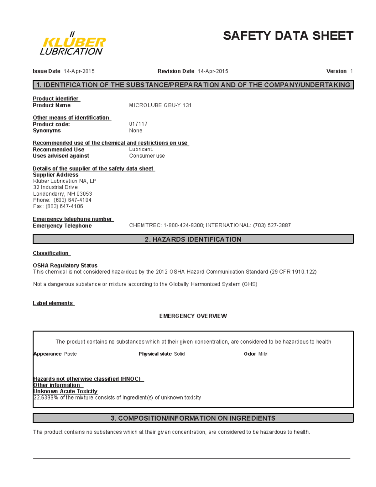 Microlube gbu-y 131 sds - SAFETY DATA SHEET Issue Date 14-Apr-2015 ...