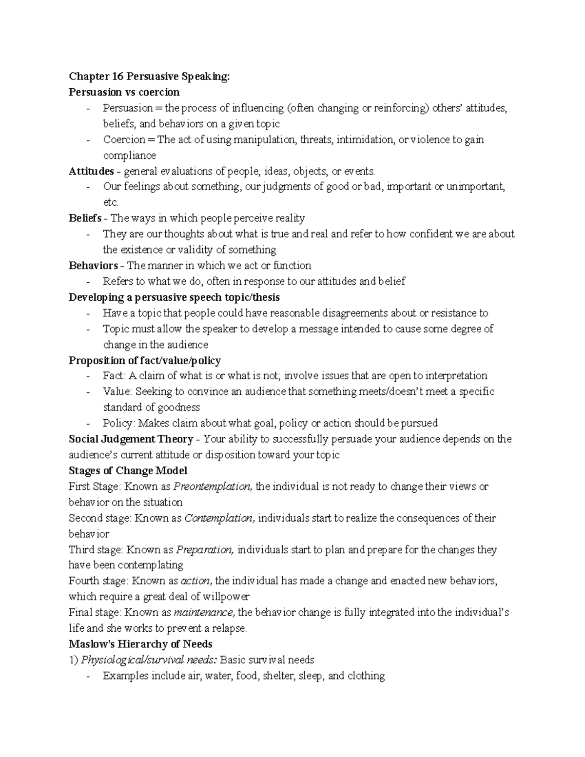 HCOM 100 Study Guide Midterm 2 - Chapter 16 Persuasive Speaking ...