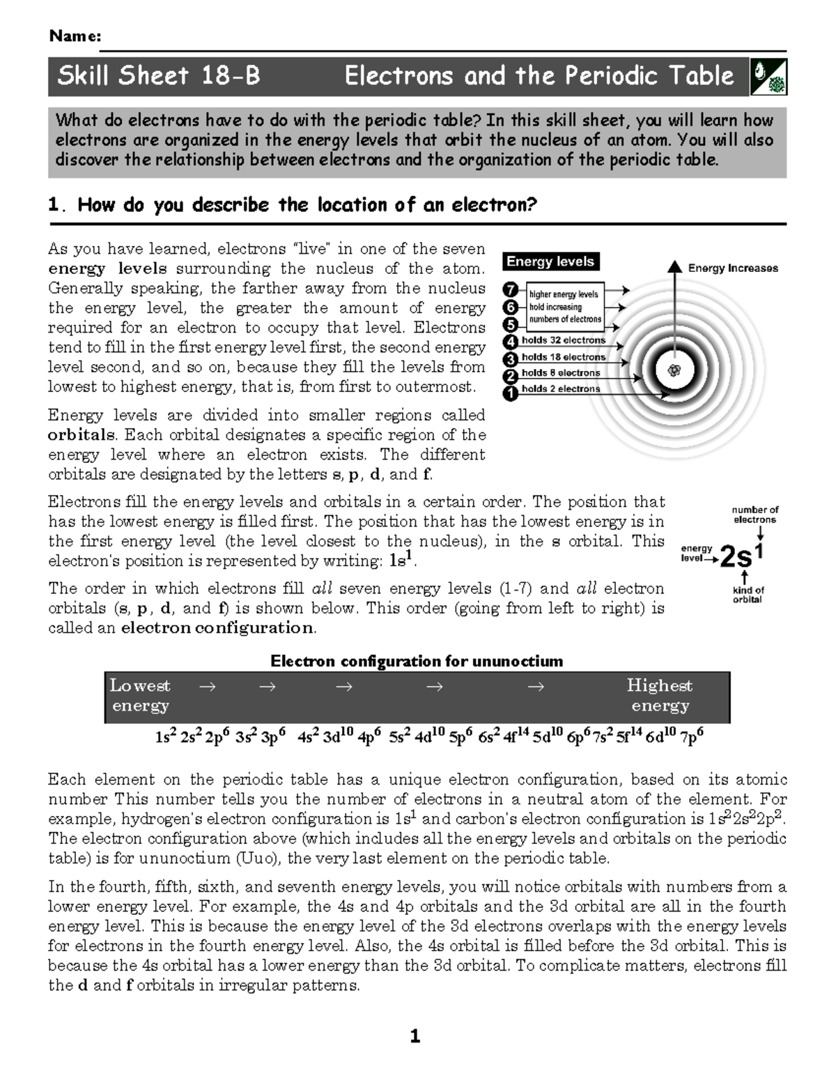 Electron Configurations Worksheet 1 and the Periodic Table - Name ...