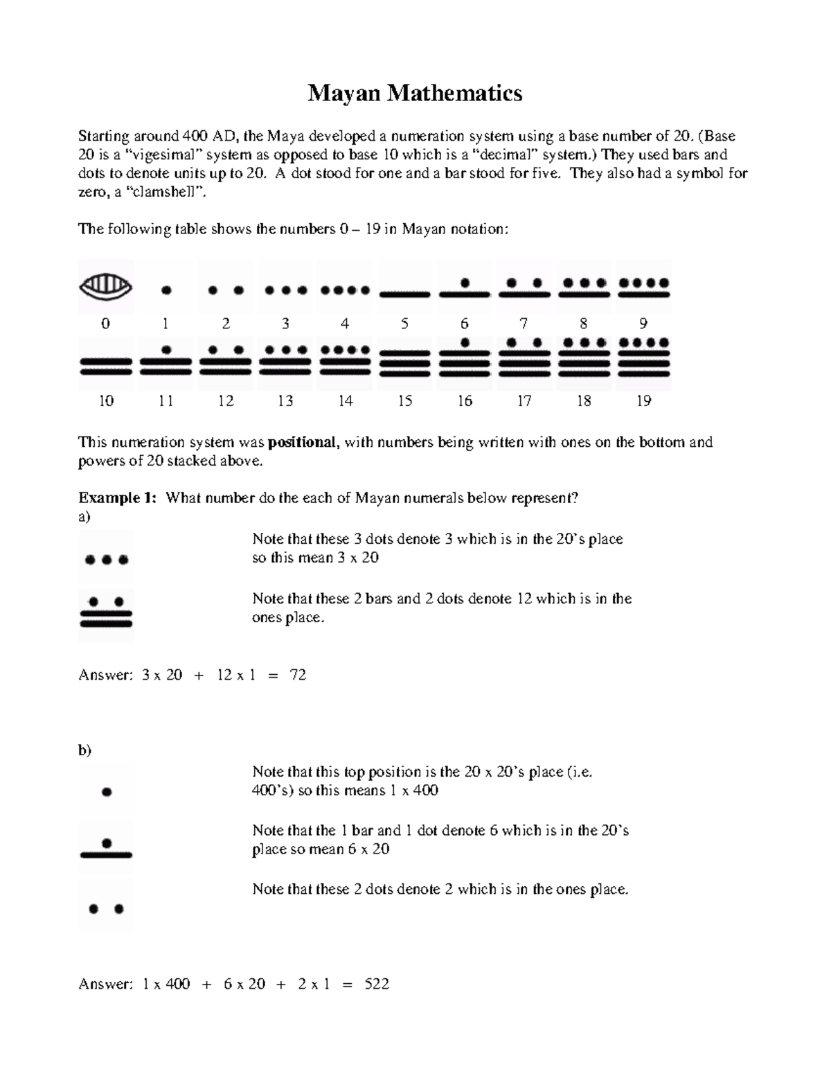 Mayan Numerals - Mayan Mathematics Starting around 400 AD, the Maya ...