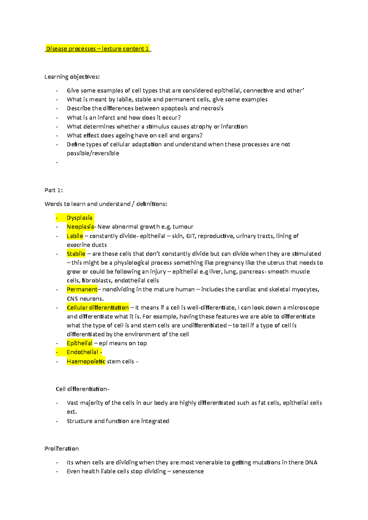 Lecture 1 - Notes - Disease processes – lecture content 1 Learning ...