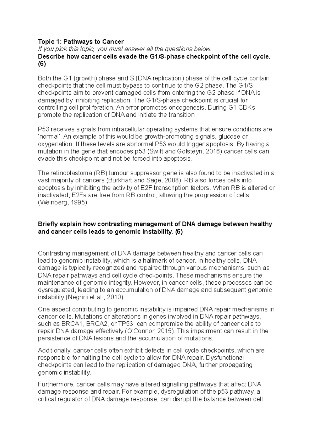 Biology of cancer coursework - Topic 1: Pathways to Cancer If you pick ...