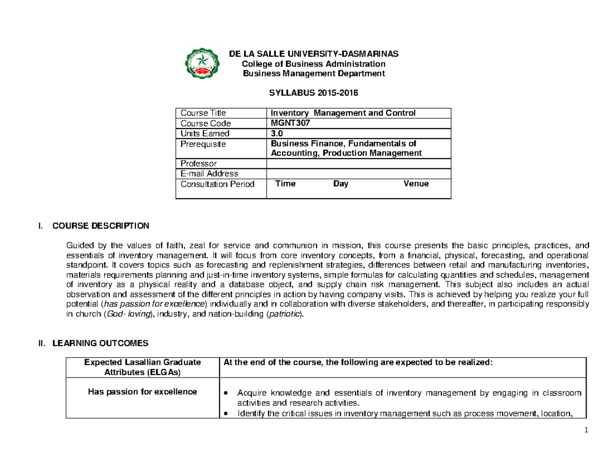 Inventory Management and Control Lecture Notes - DE LA SALLE UNIVERSITY ...