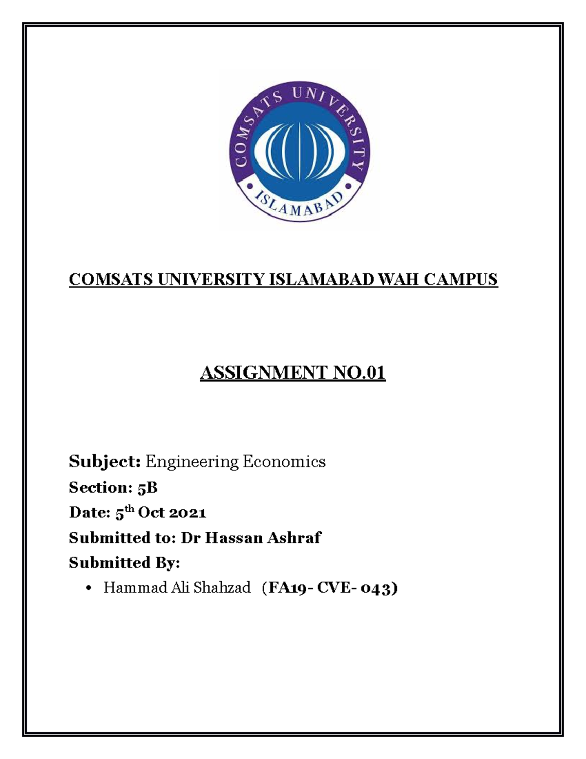 Engineering Economics Assignment mandatory for terminology - COMSATS UNIVERSITY ISLAMABAD WAH ...