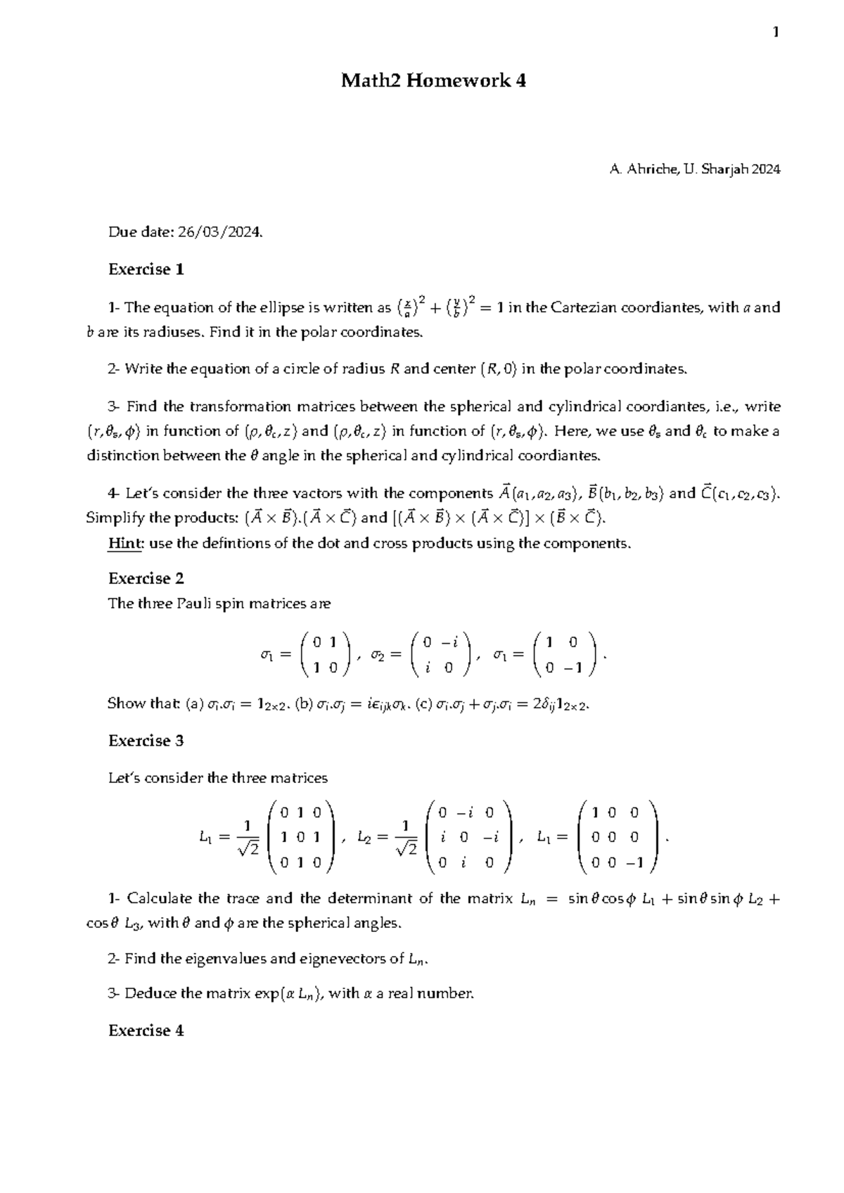 Hw4 - 1 Math2 Homework 4 A. Ahriche, U. Sharjah 2024 Due date: 26/03/2024. Exercise 1 1- The ...