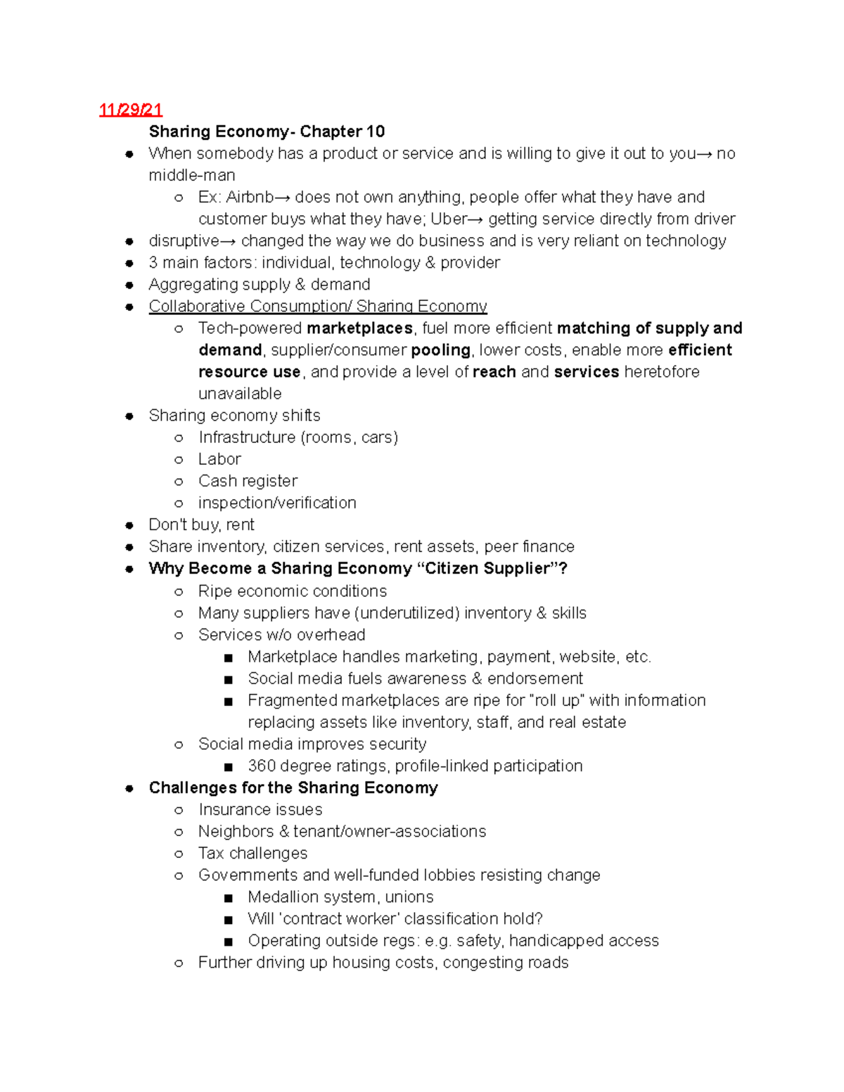 Oim Lectures - oim notes - 11/29/ Sharing Economy- Chapter 10 When ...