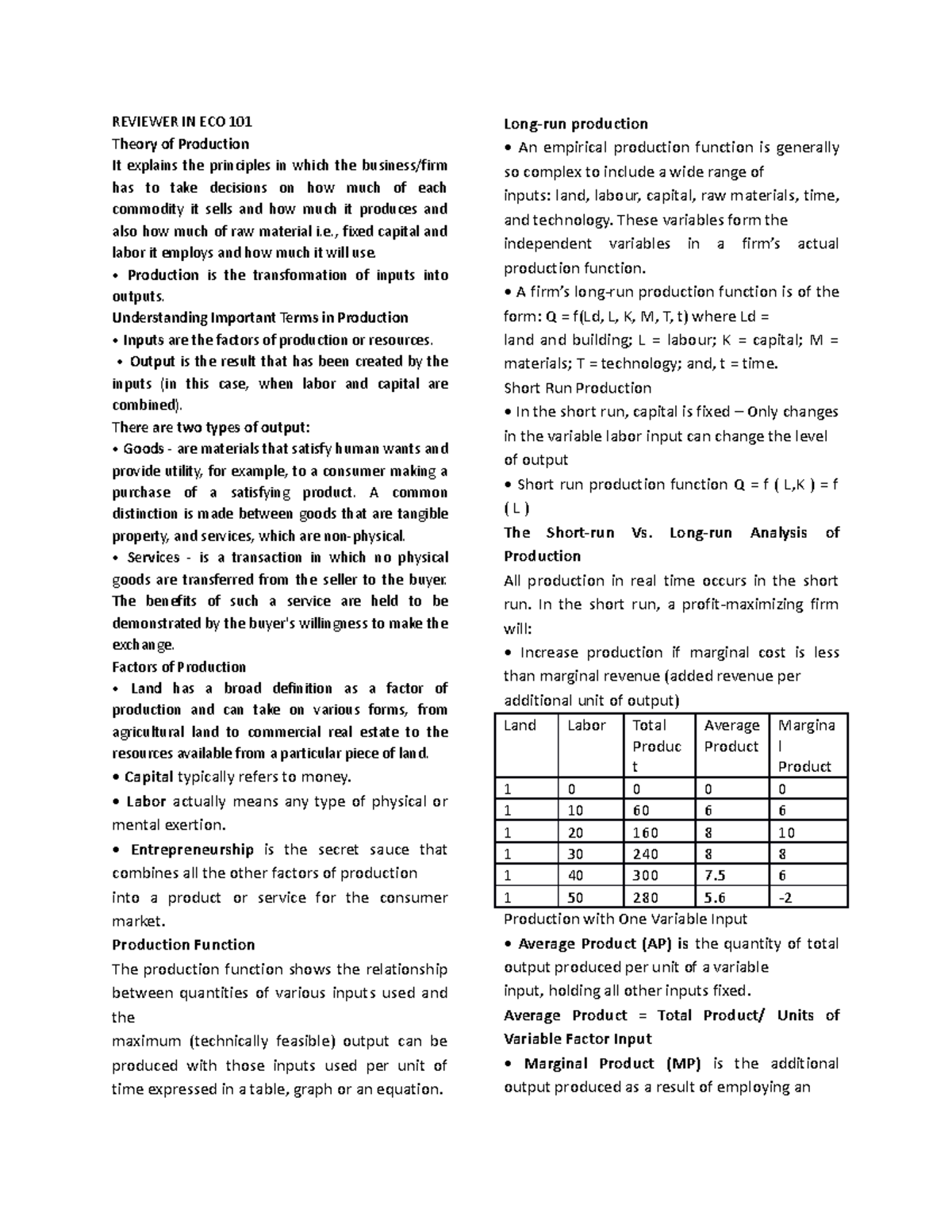 Reviewer IN ECO 101 - REVIEWER IN ECO 101 Theory of Production It ...