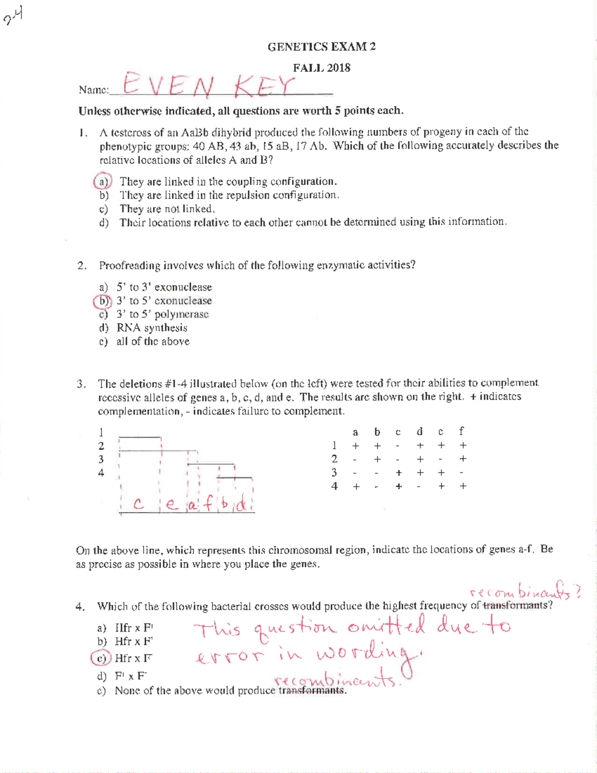 Exam 2 2018 Key. - 24 GENETICS EXAM 2 FALL 2018 Name: EVEN KEY Unless ...