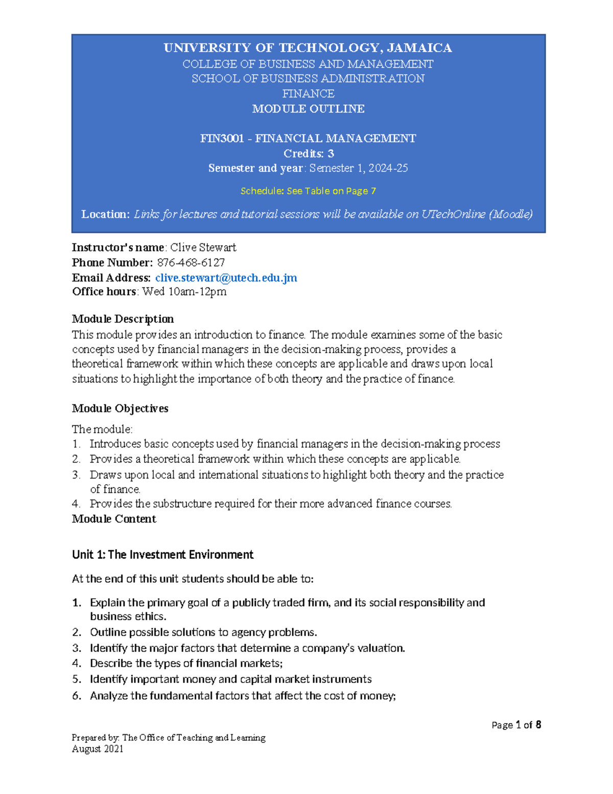 Financial Management Semester 1 2024-25 Course Outline - UNIVERSITY OF ...