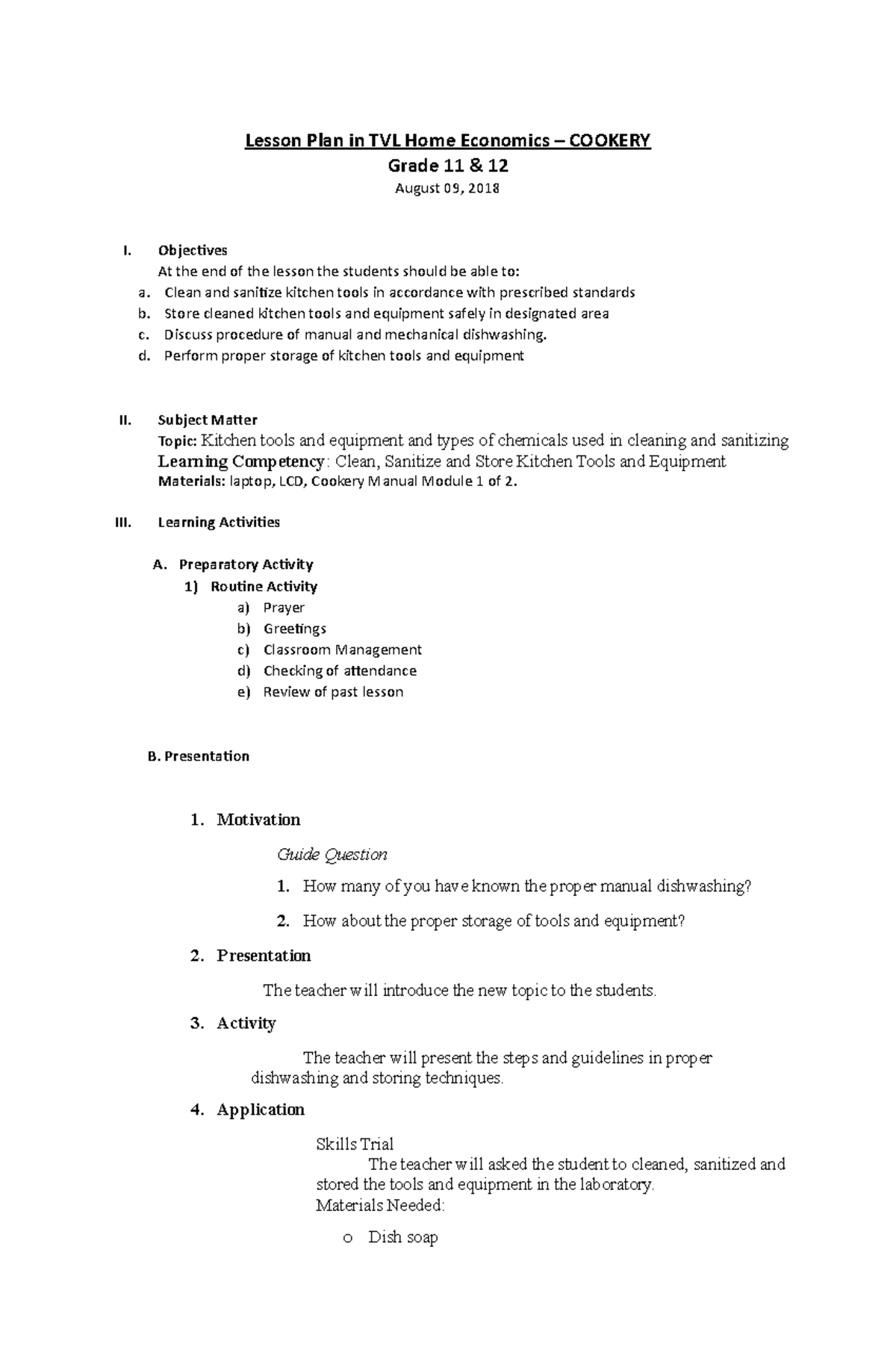 August 9 - DLP - Lesson Plan in TVL Home Economics – COOKERY Grade 11 ...