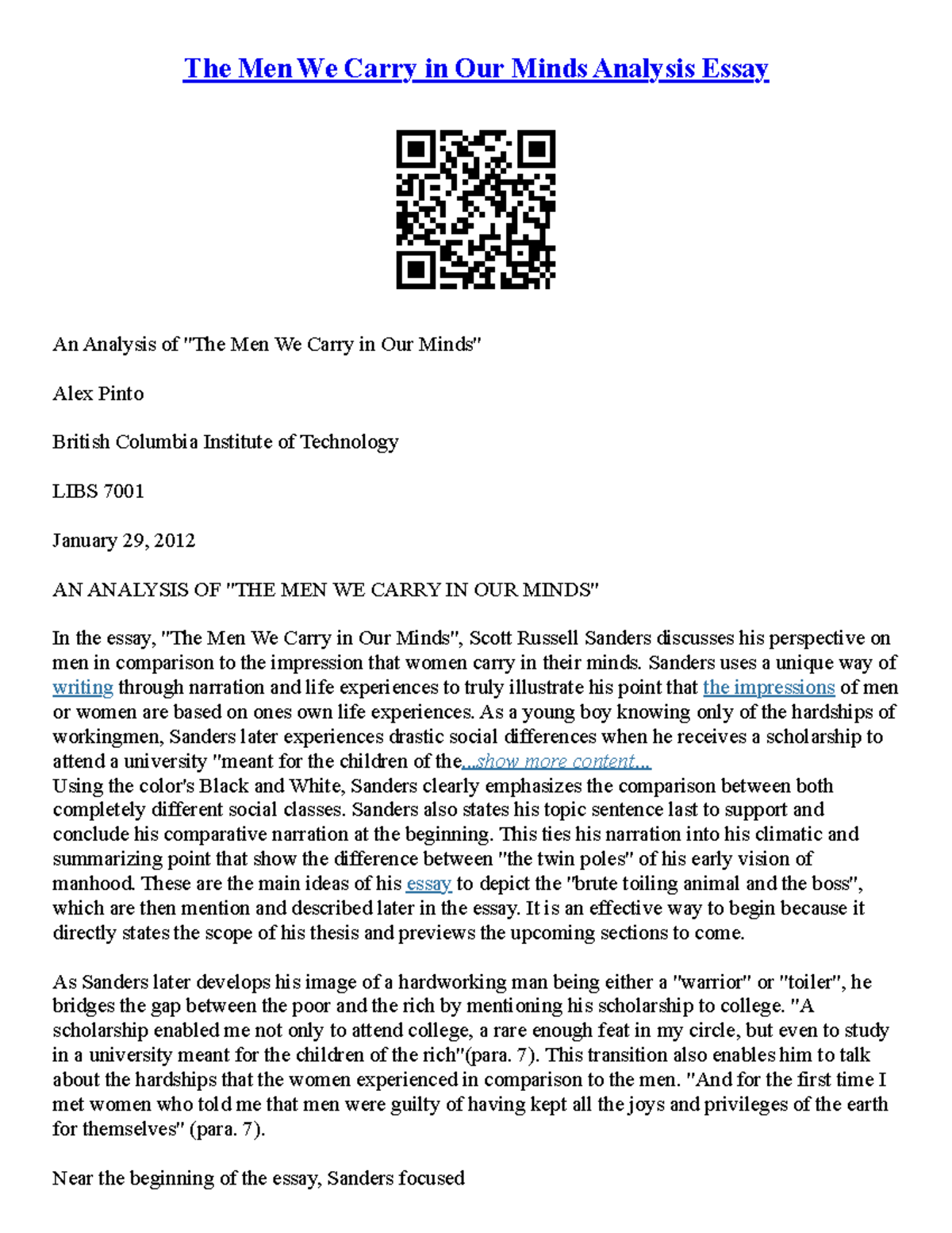 The Men We Carry In Our Minds Essay - The Men We Carry in Our Minds ...