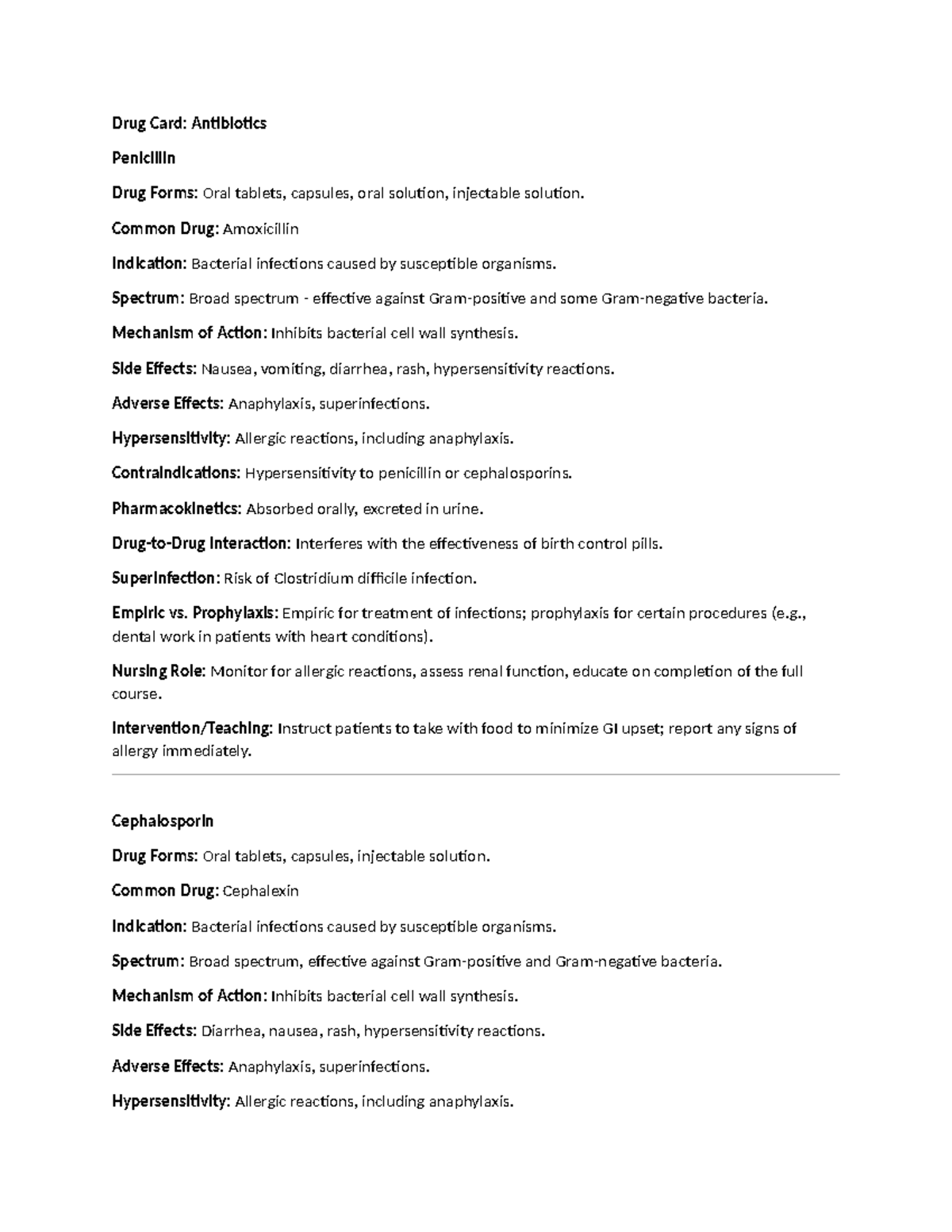 Antibiotics Drug Card - Student assignment - Drug Card: Antibiotics ...