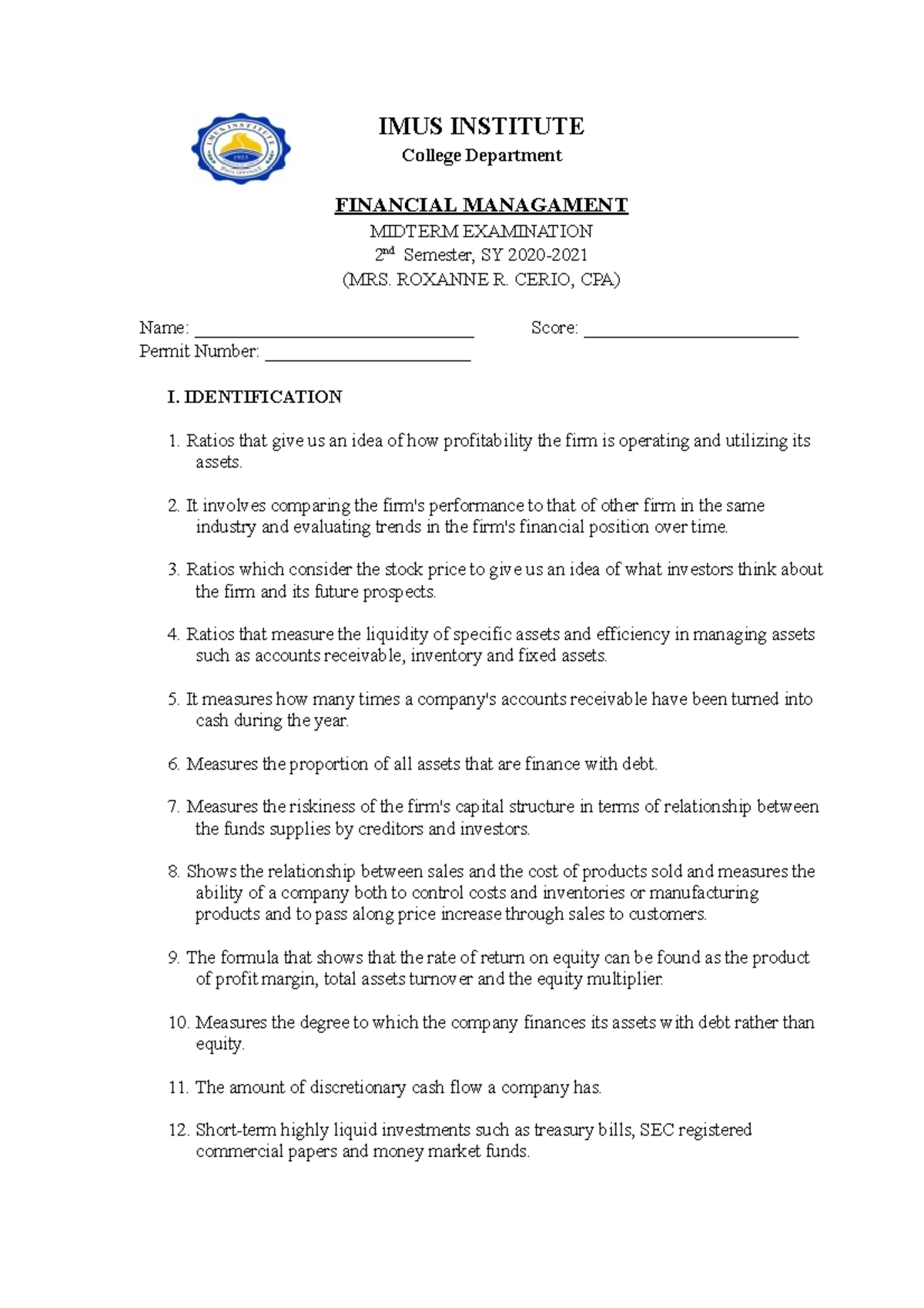 Fin Man Midterm Exam - IMUS INSTITUTE College Department FINANCIAL ...