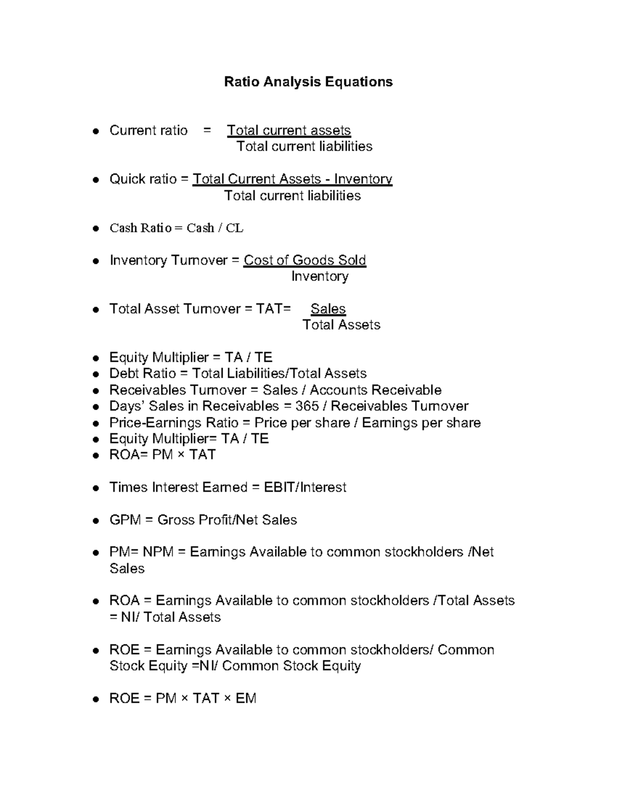 Formualsheet a - Formula Sheet - Ratio Analysis Equations Current ratio ...
