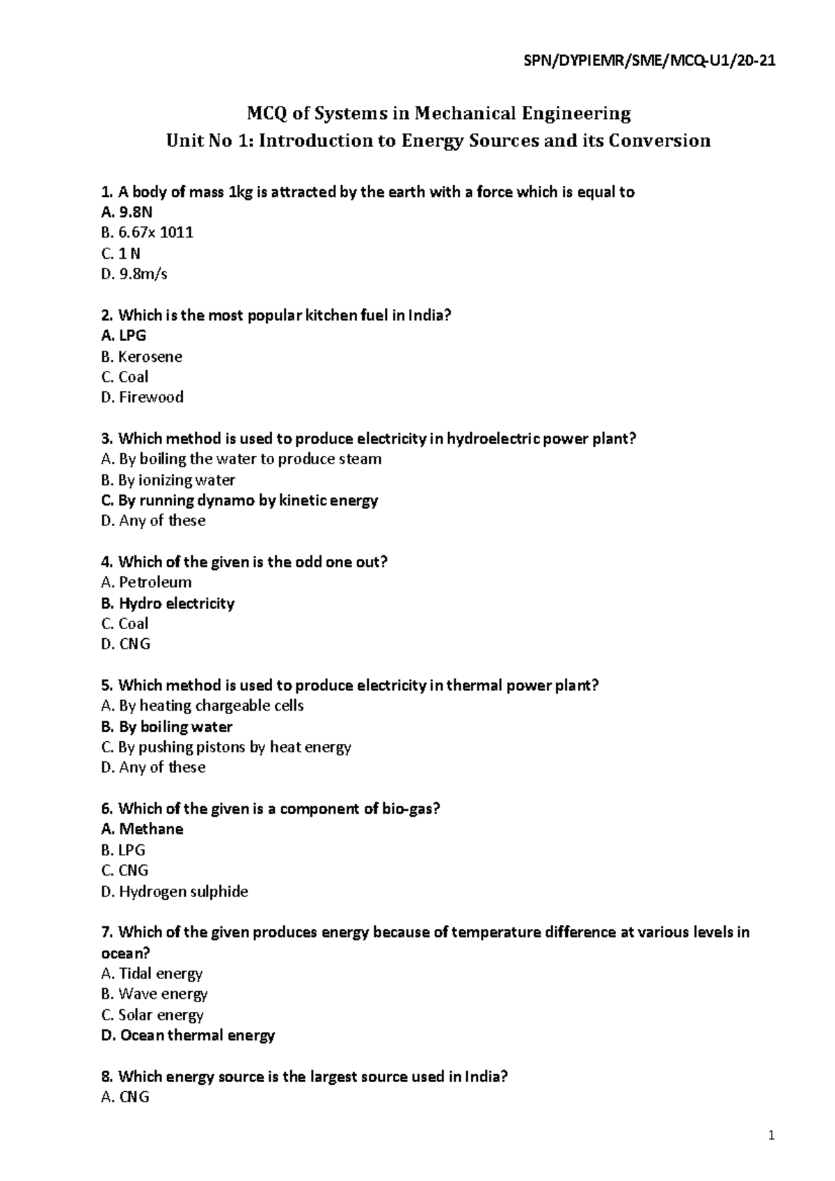 Unit 1 MCQ SME Energy Souces & its conversion - MCQ of Systems in Mechanical Engineering Unit No ...