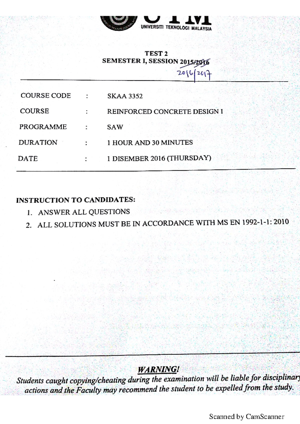 RCD 1 Test 2 2016-2017 - Reinforced Concrete Design I - Studocu