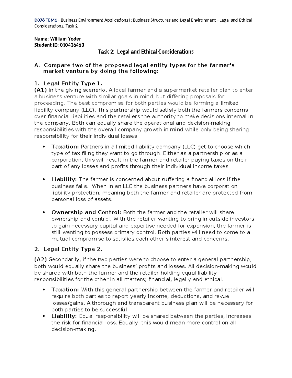 TEM1 TASK 2 Legal AND Ethical Considerations revision - D078 TEM1 ...