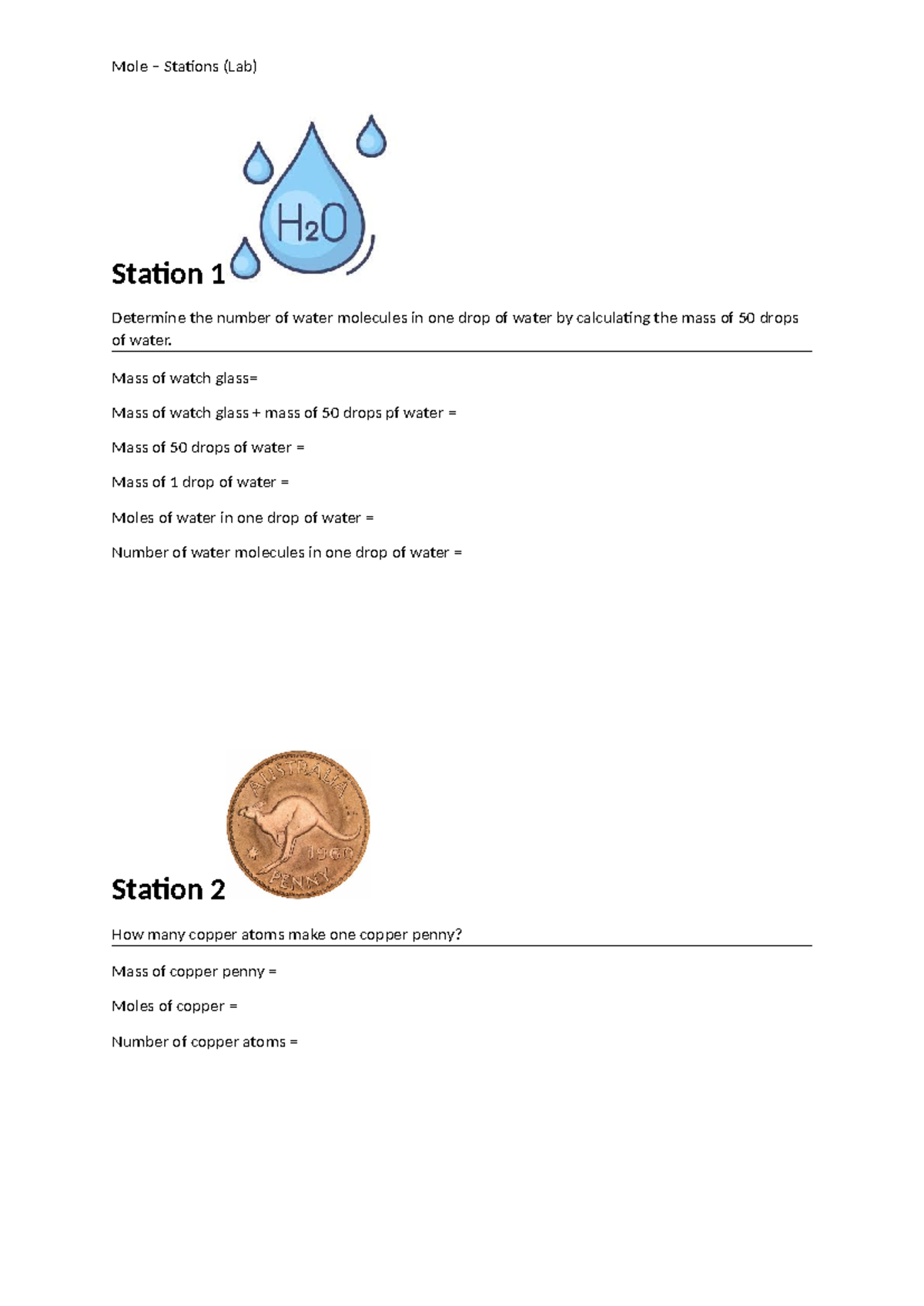 Mole stations lab - Practice Mole questions lab activity - Mole ...