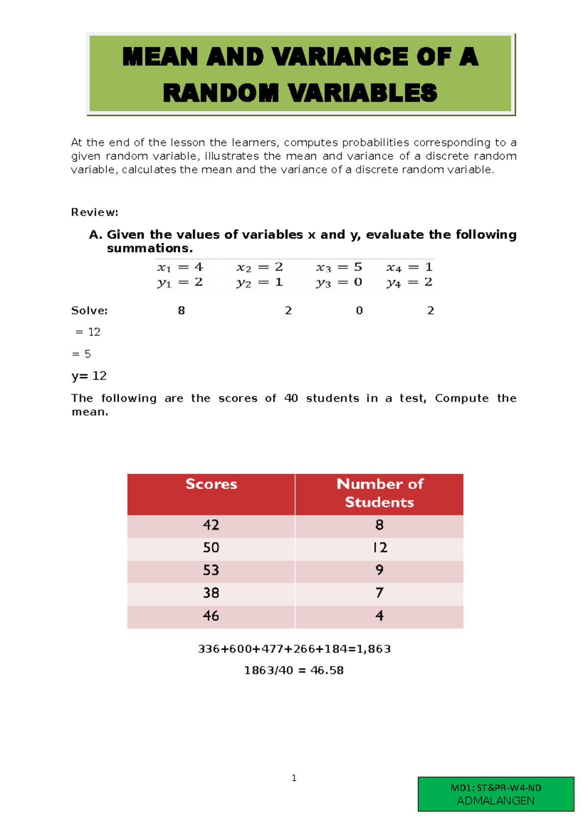 WEEK 2-3- MEAN AND Variance - MD1: ST&PR-W4-ND At the end of the lesson ...