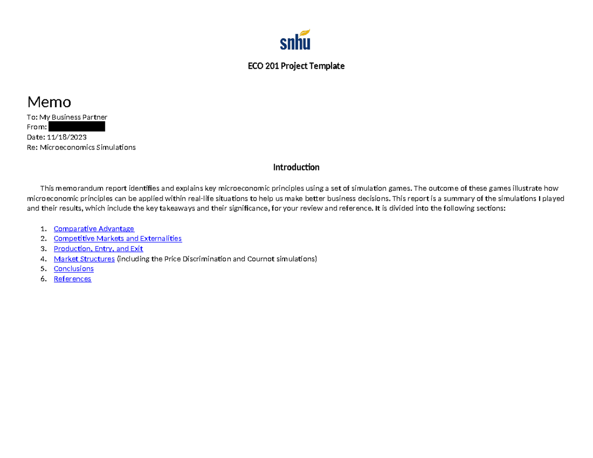ECO 201 Final Project - ECO 201 Project Template Memo To: My Business ...