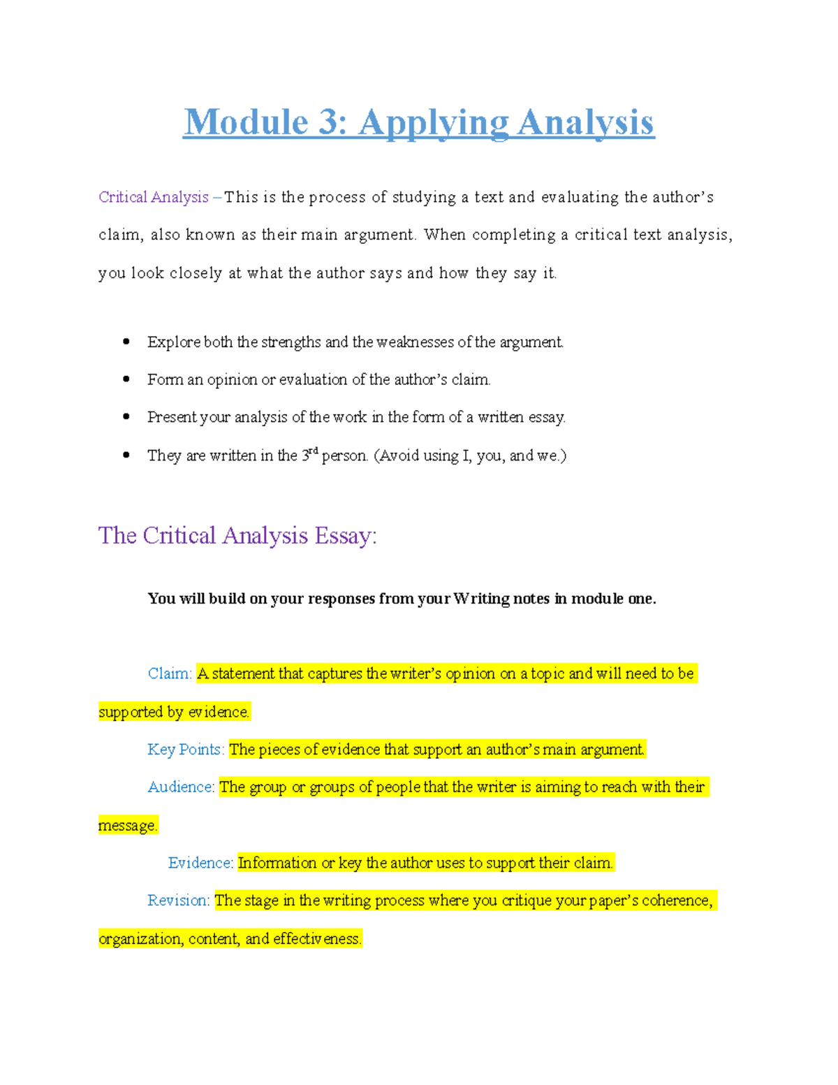 Module 3 Notes - Creating on outline - Module 3: Applying Analysis ...