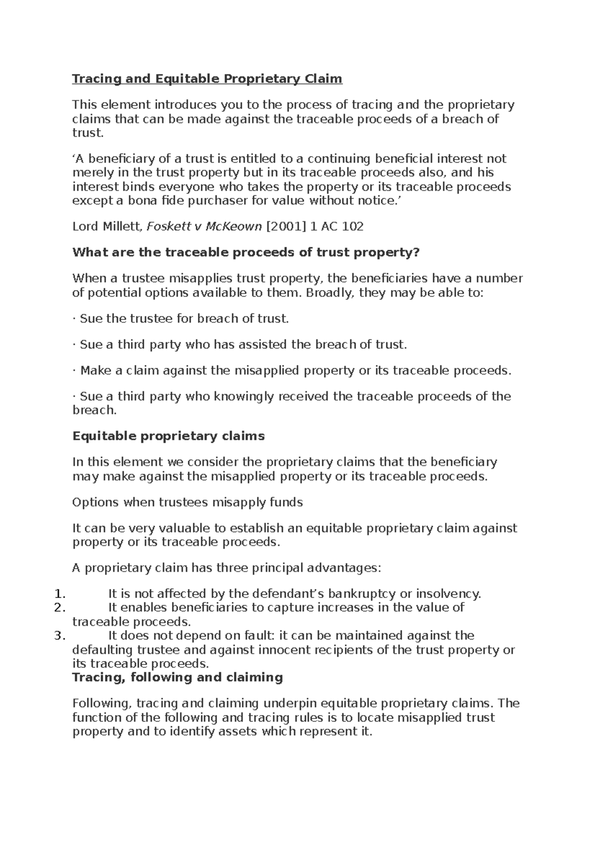Tracing and Equitable Proprietary Claim - ‘A beneficiary of a trust is ...