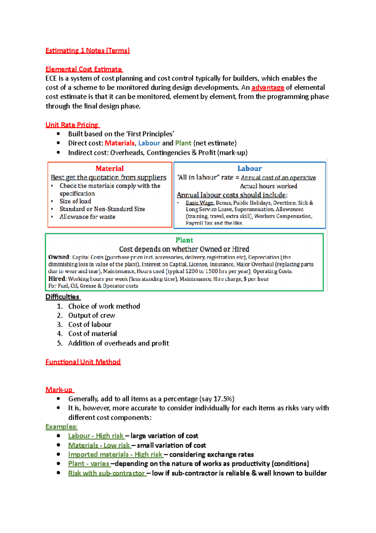 Estimating 1 Notes - Estimating 1 Notes (Terms) Elemental Cost Estimate ...