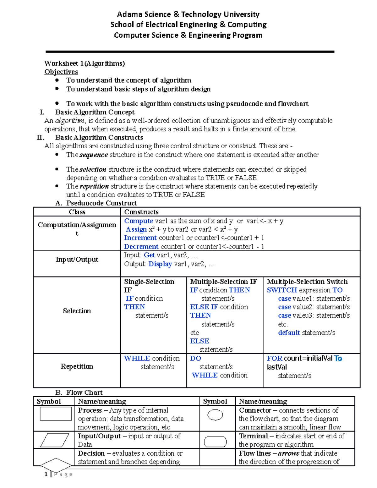 C++ worksheet - Lecture notes 2 - Adama Science & Technology University ...