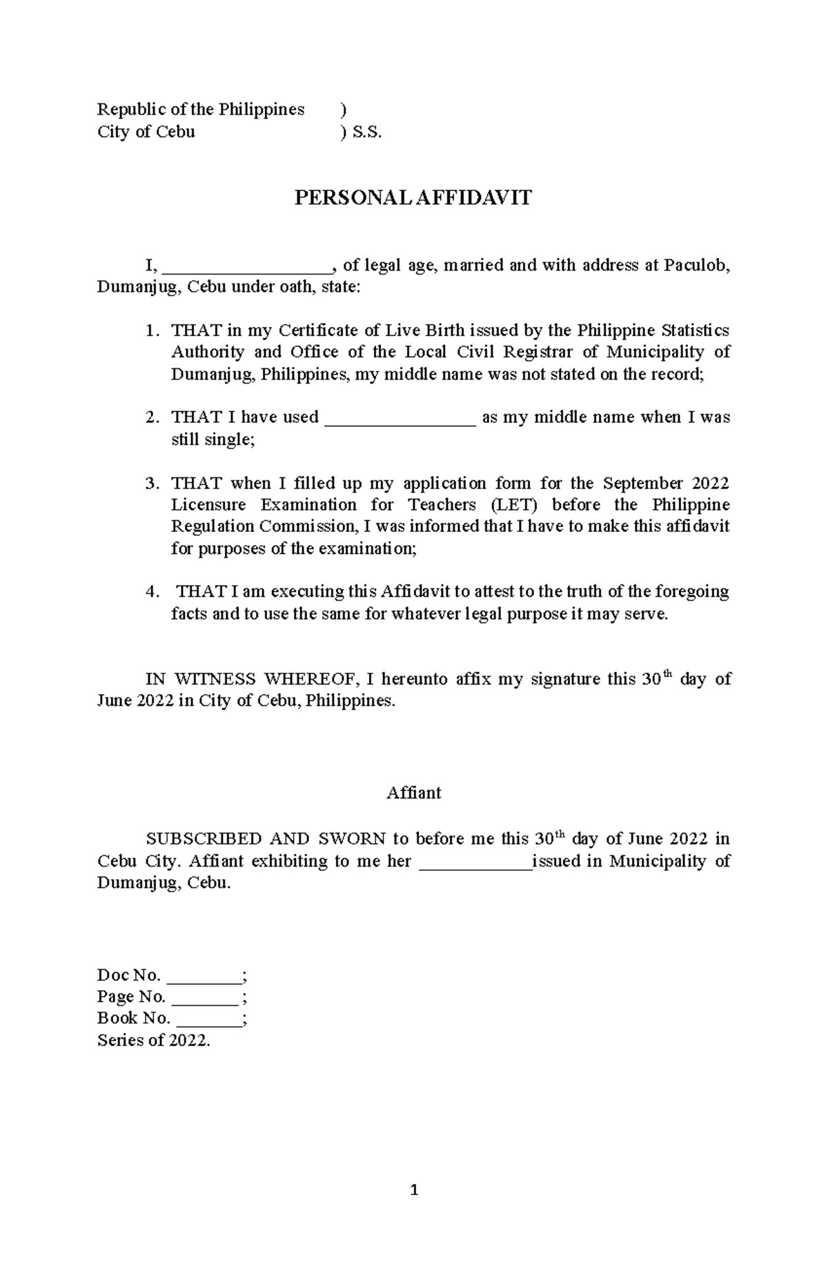 582530386-personal-affidavit - Republic of the Philippines ) City of ...