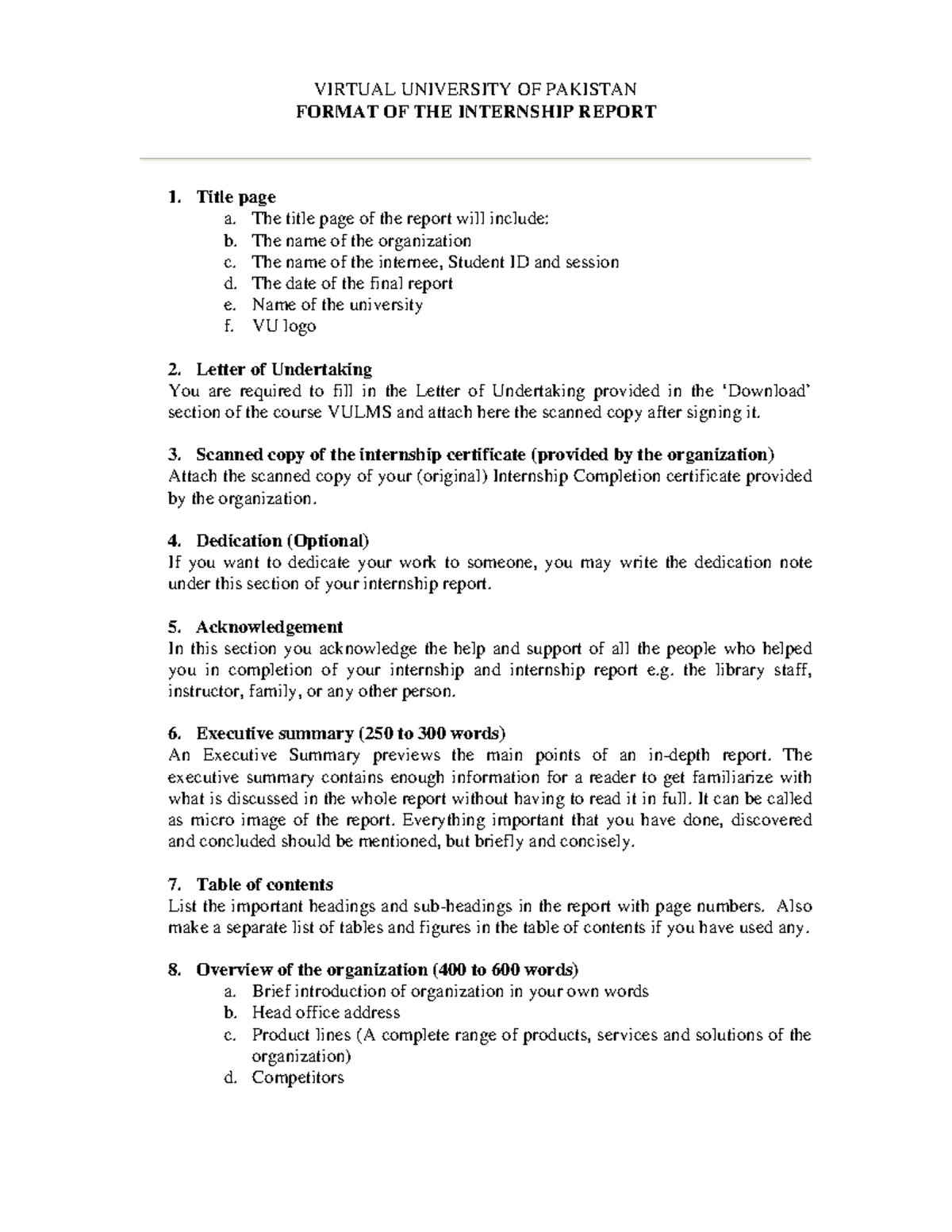 Format of Internship Report MGTI619 - VIRTUAL UNIVERSITY OF PAKISTAN ...