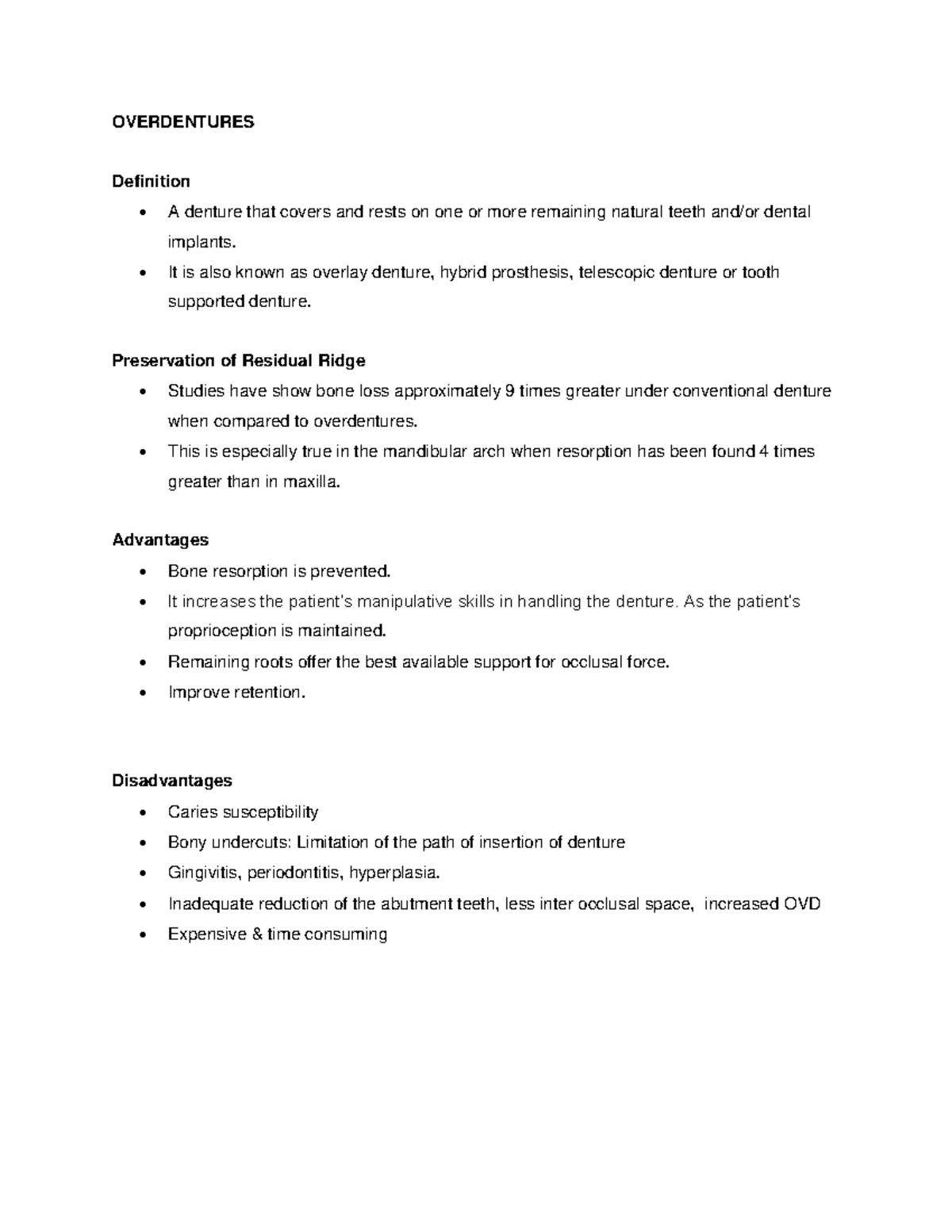 Overdentures - methods, indication, contraindication , etc ...