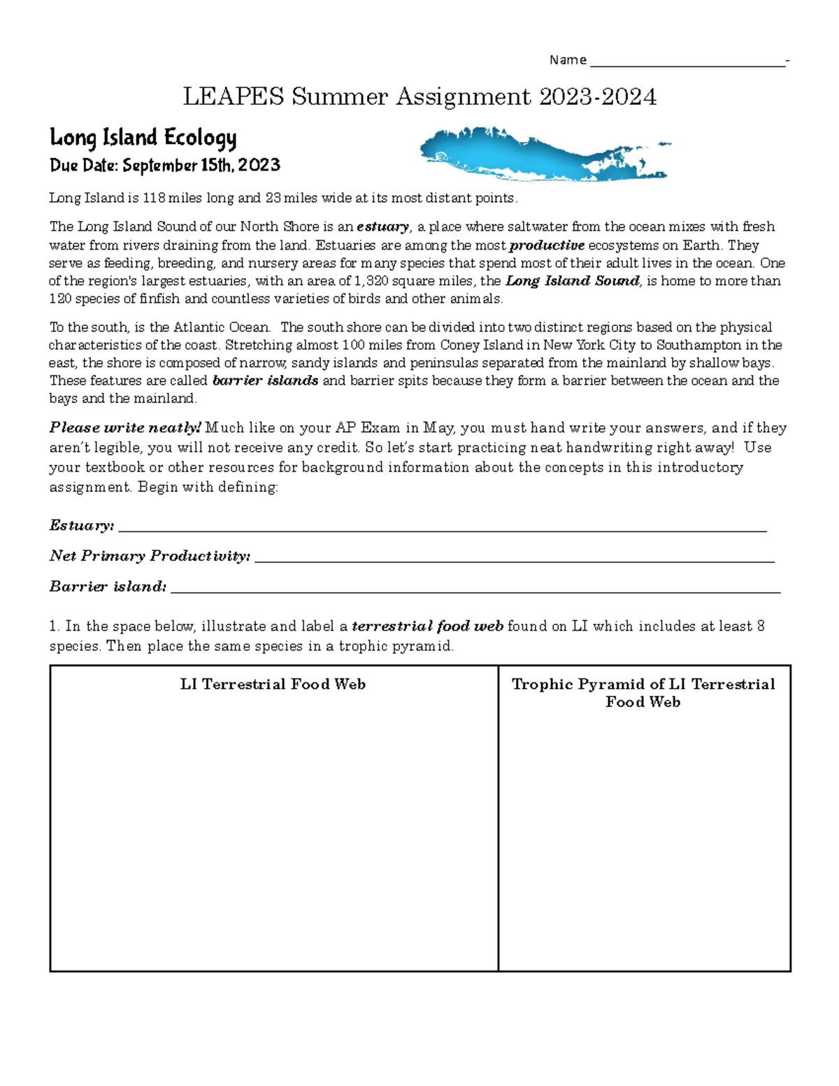 AP Environmental Science ( Leapes - 9th Grade only) Summer Assignment ...